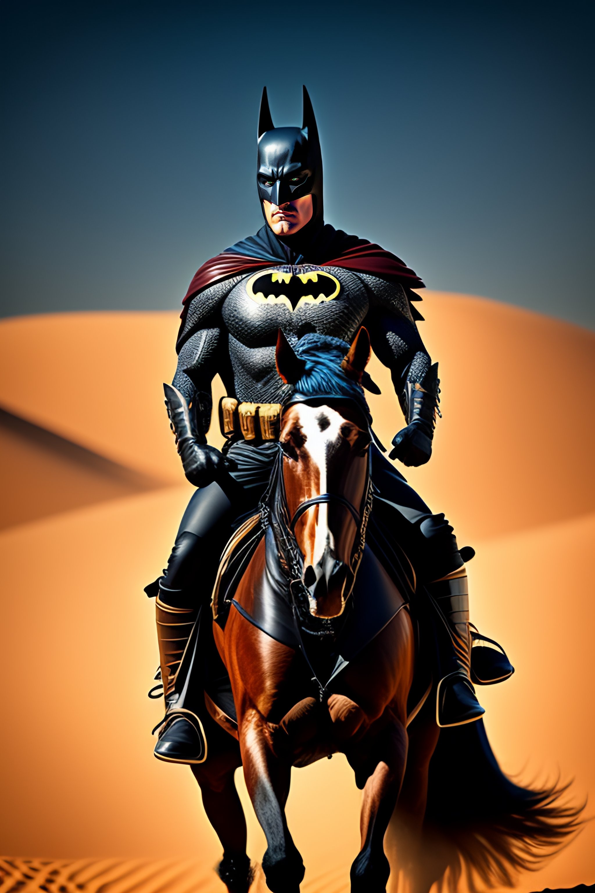 Lexica - Batman riding a horse in the desert