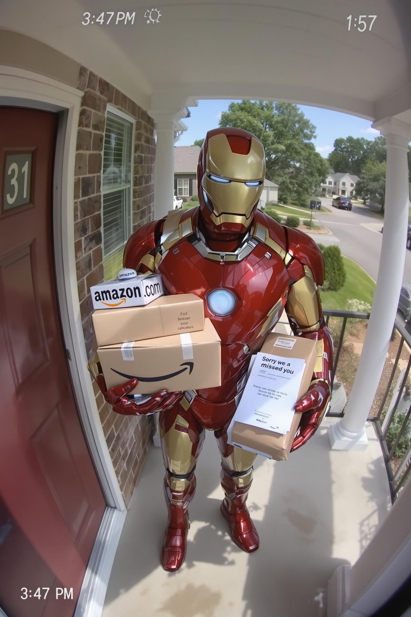 Lexica - Iron Man caught on doorbell camera delivering Amazon packages ...