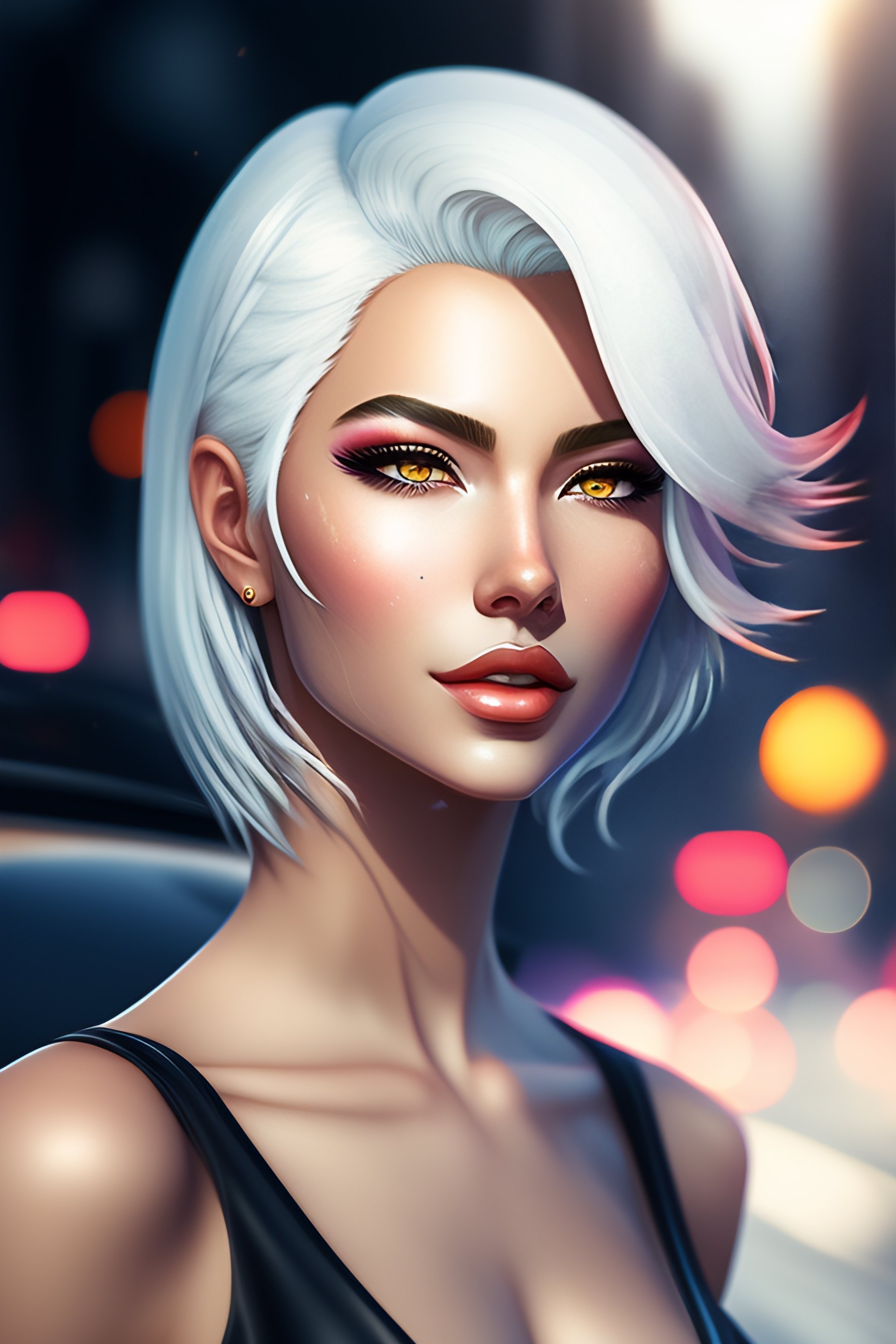 Lexica - Full body anime style model girl white hair driving, realistic ...