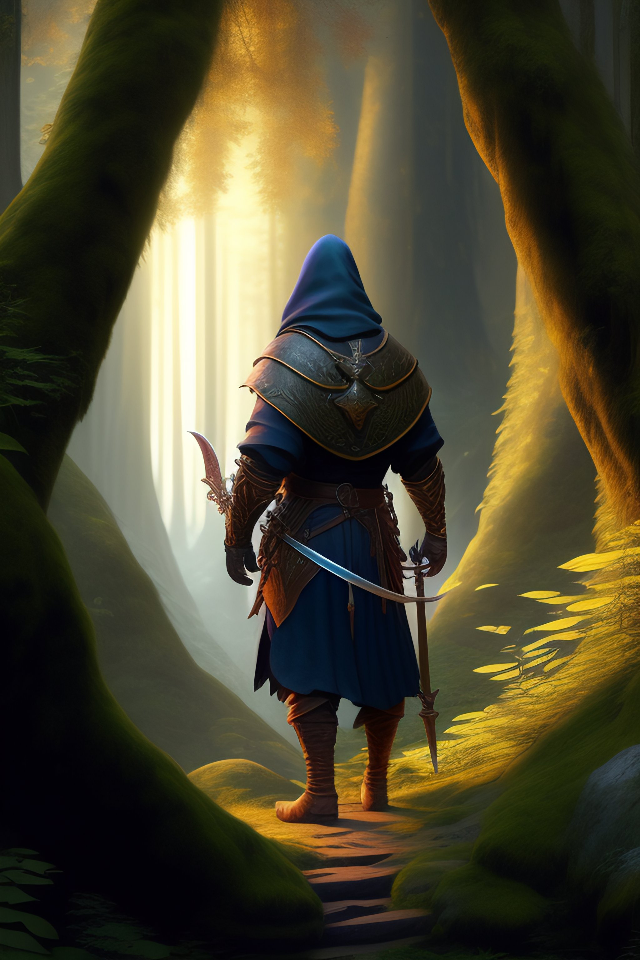 Lexica - Goblin holding sword wearing a brown hooded cloak in a forest ...