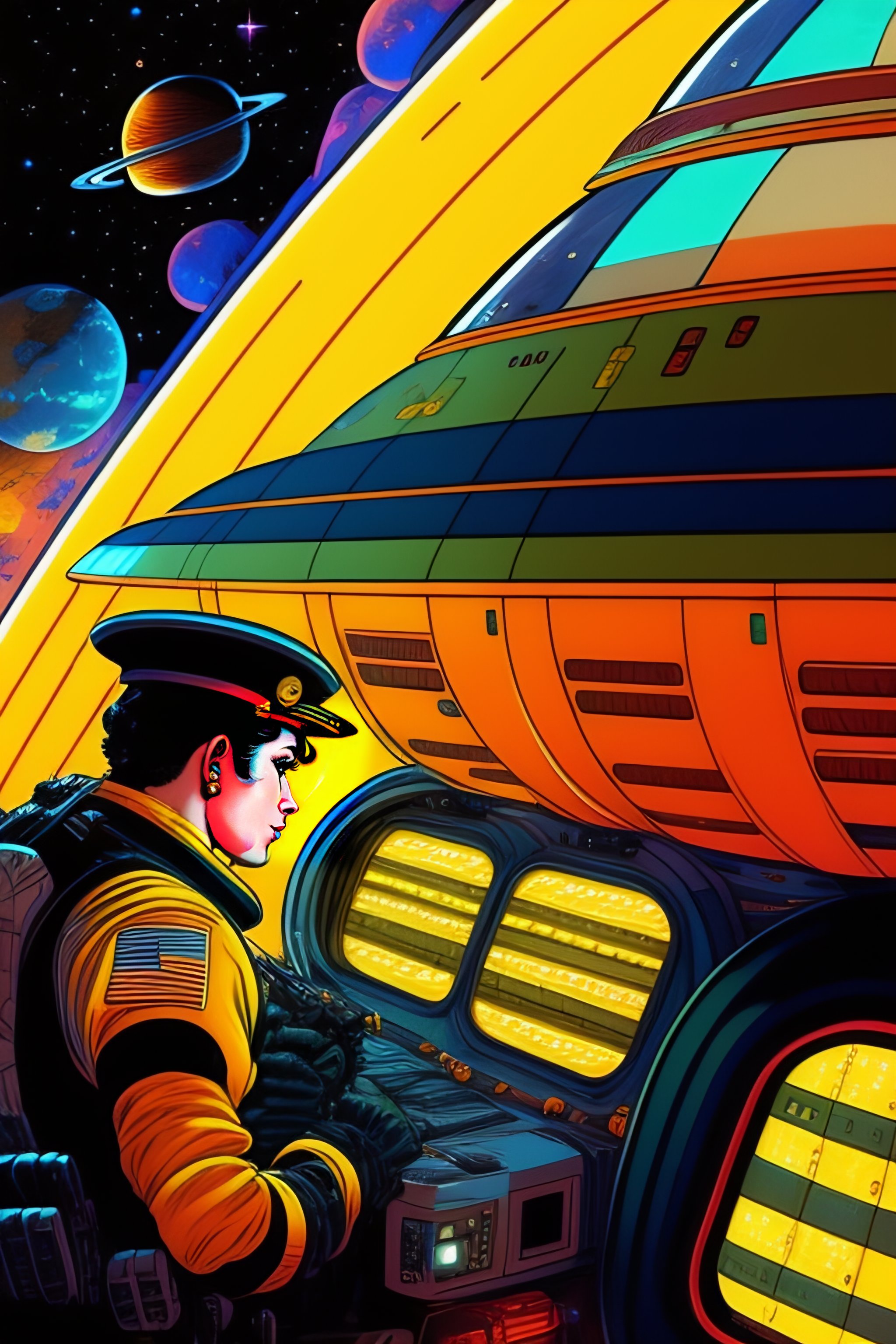 Lexica - Retro space captain giving commands to the crew in spacecraft ...