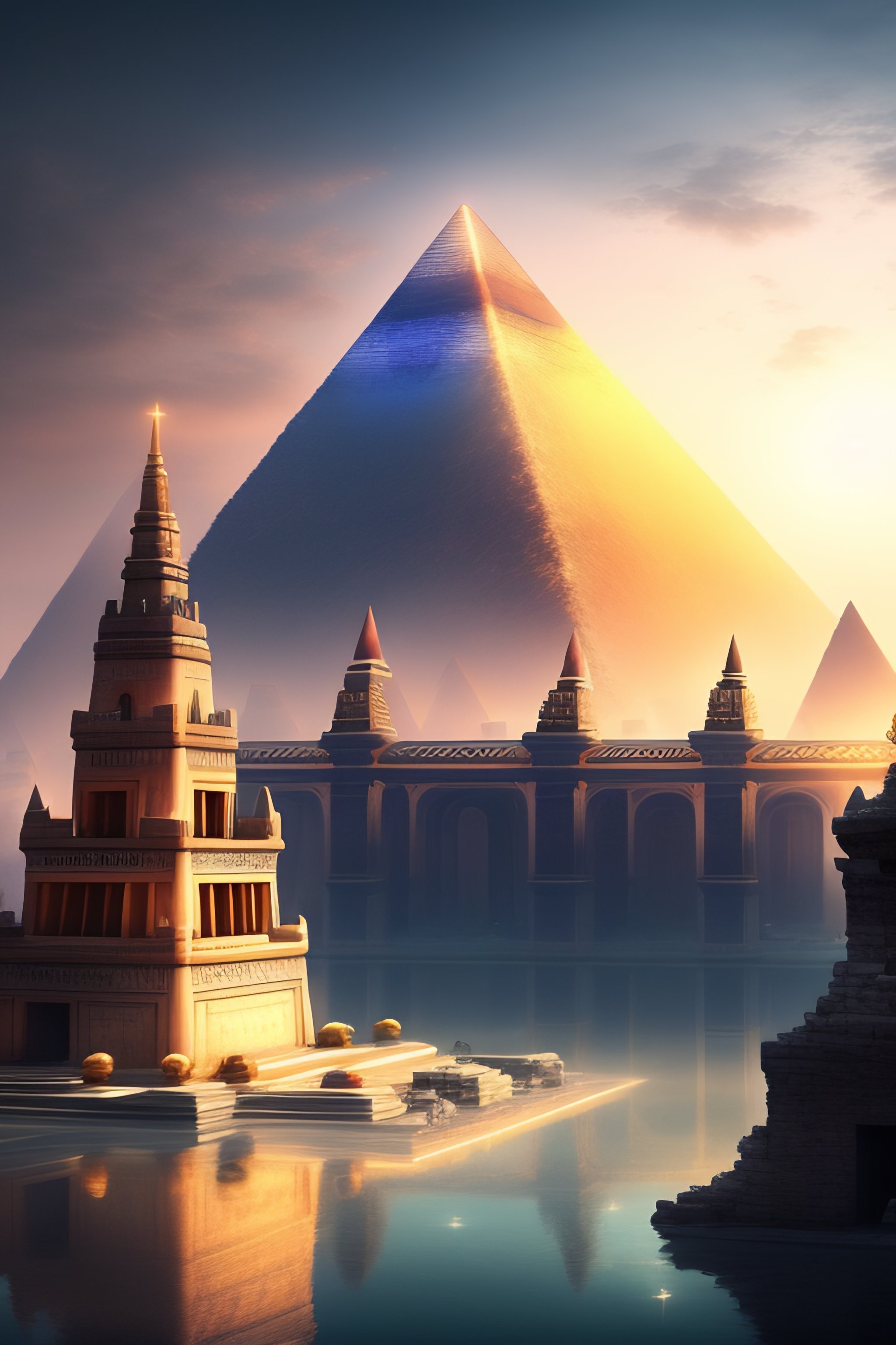 Lexica - A distant view of a single white glowing magical great pyramid ...
