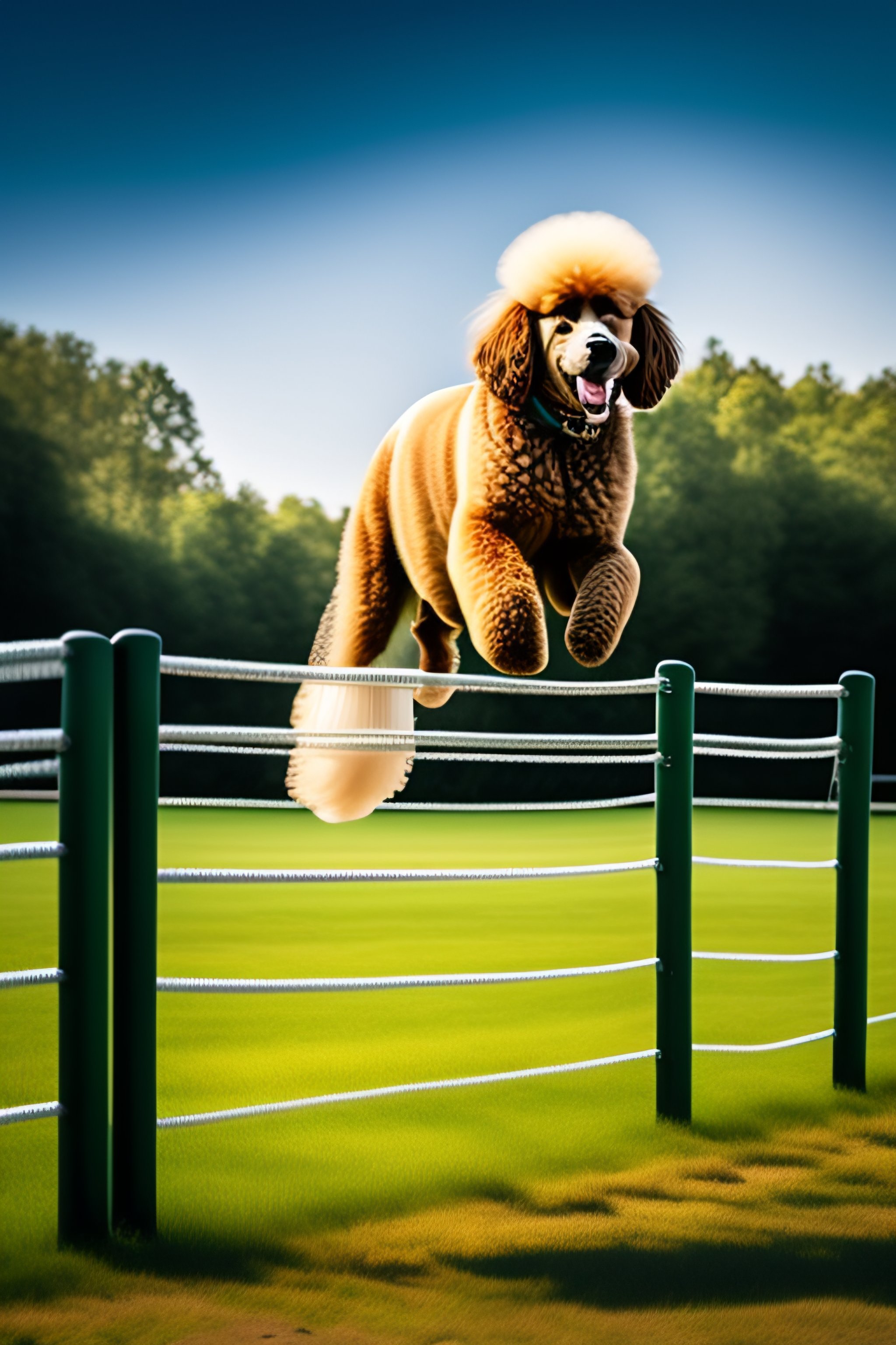 Lexica - A poodle jumping over a fence in a horse pasture