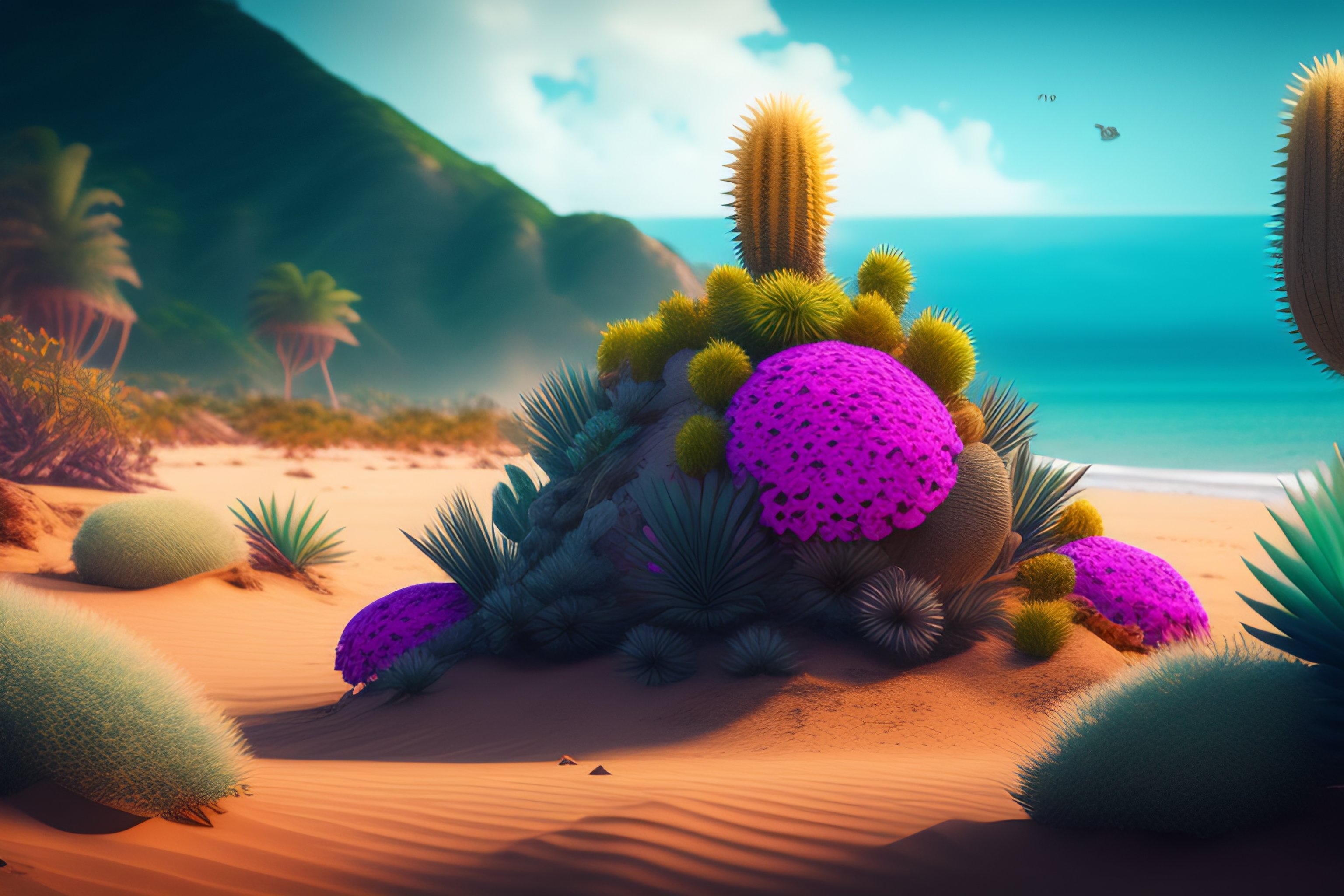 Lexica - Giant spiky cactus monster creature on tropical beach sand ...