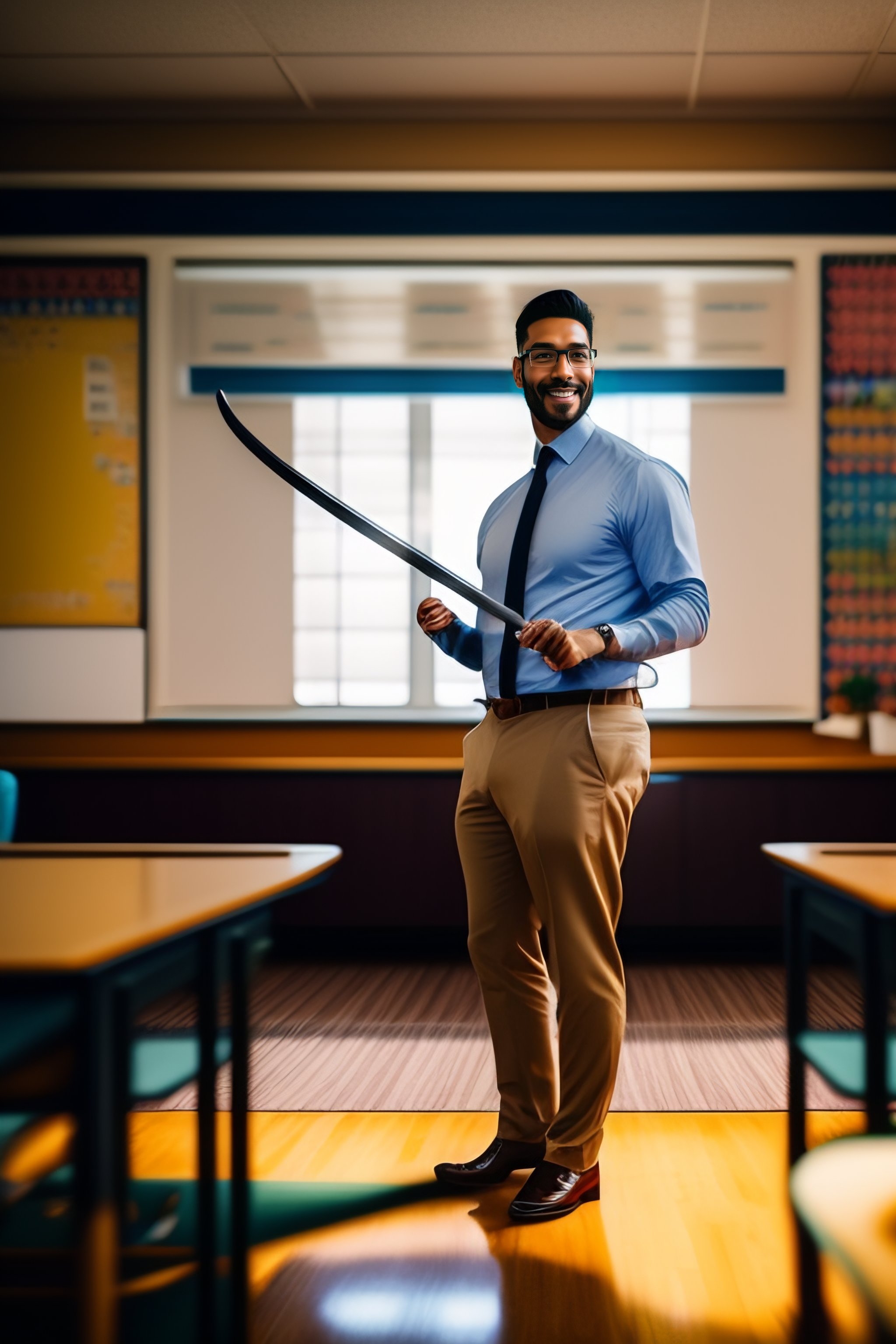 Lexica - A teacher holding a sword in a classroom