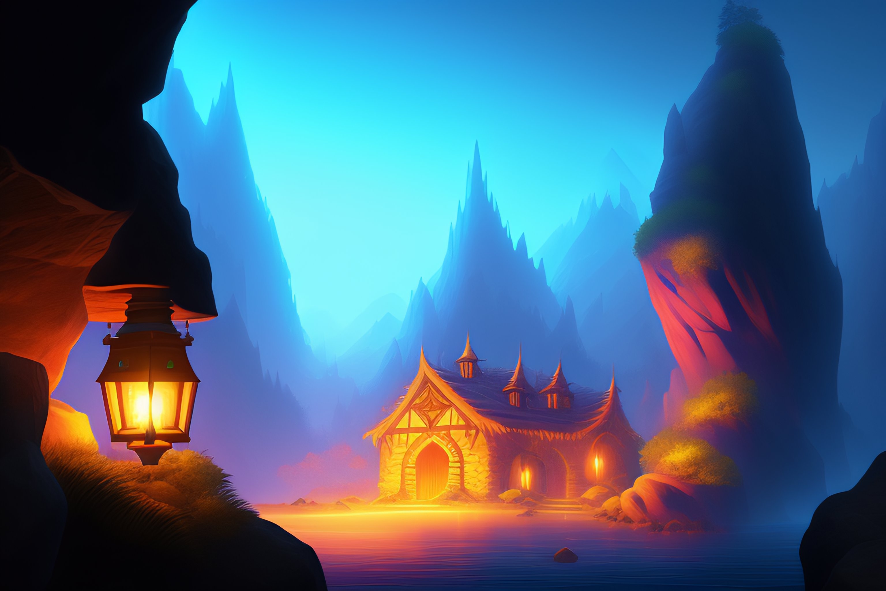 Lexica - Epic cell shaded illustration of a Dungeon dim lit by a blue ...