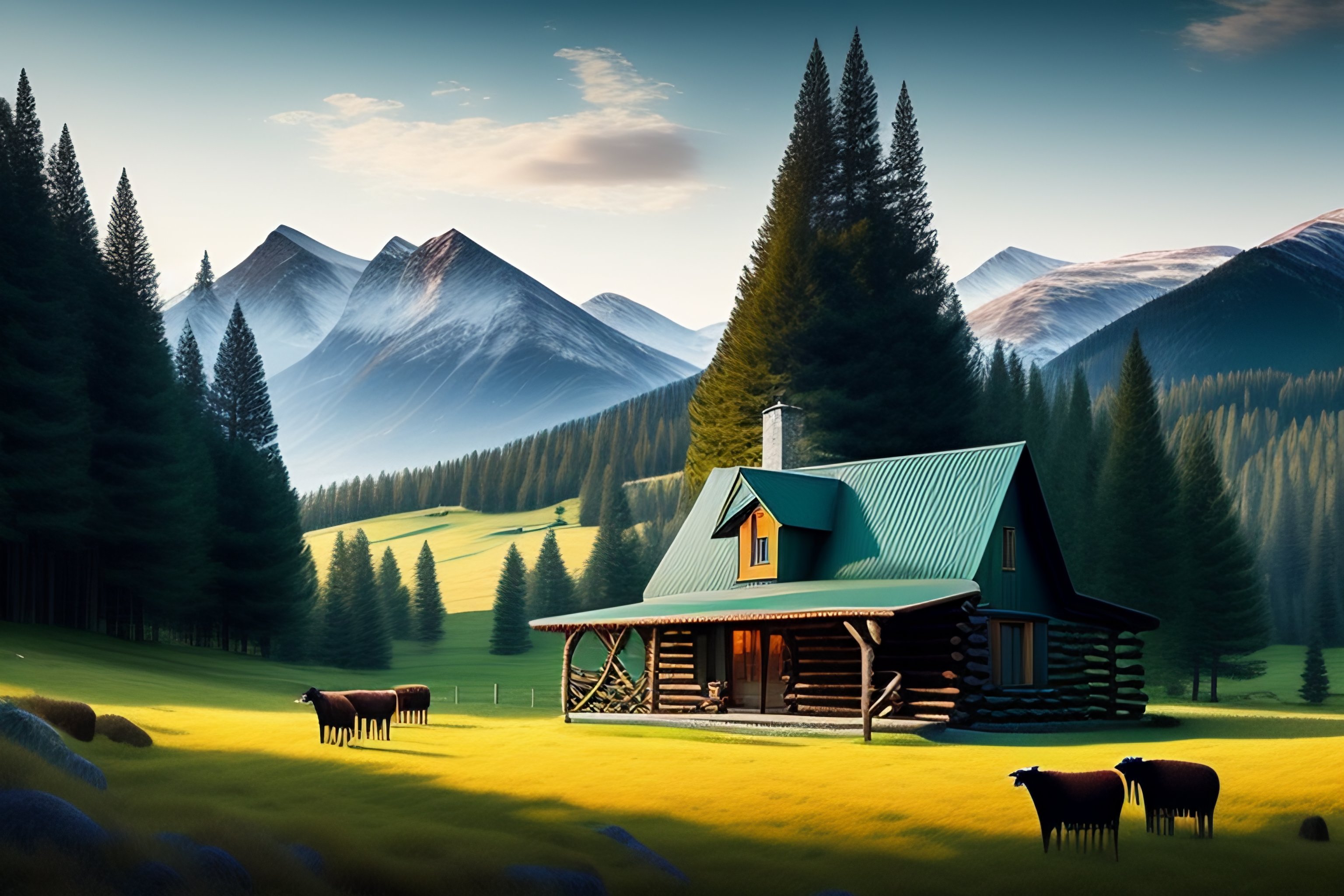 Lexica - A landscape with cabin houses, a pasture grazing a flock of ...