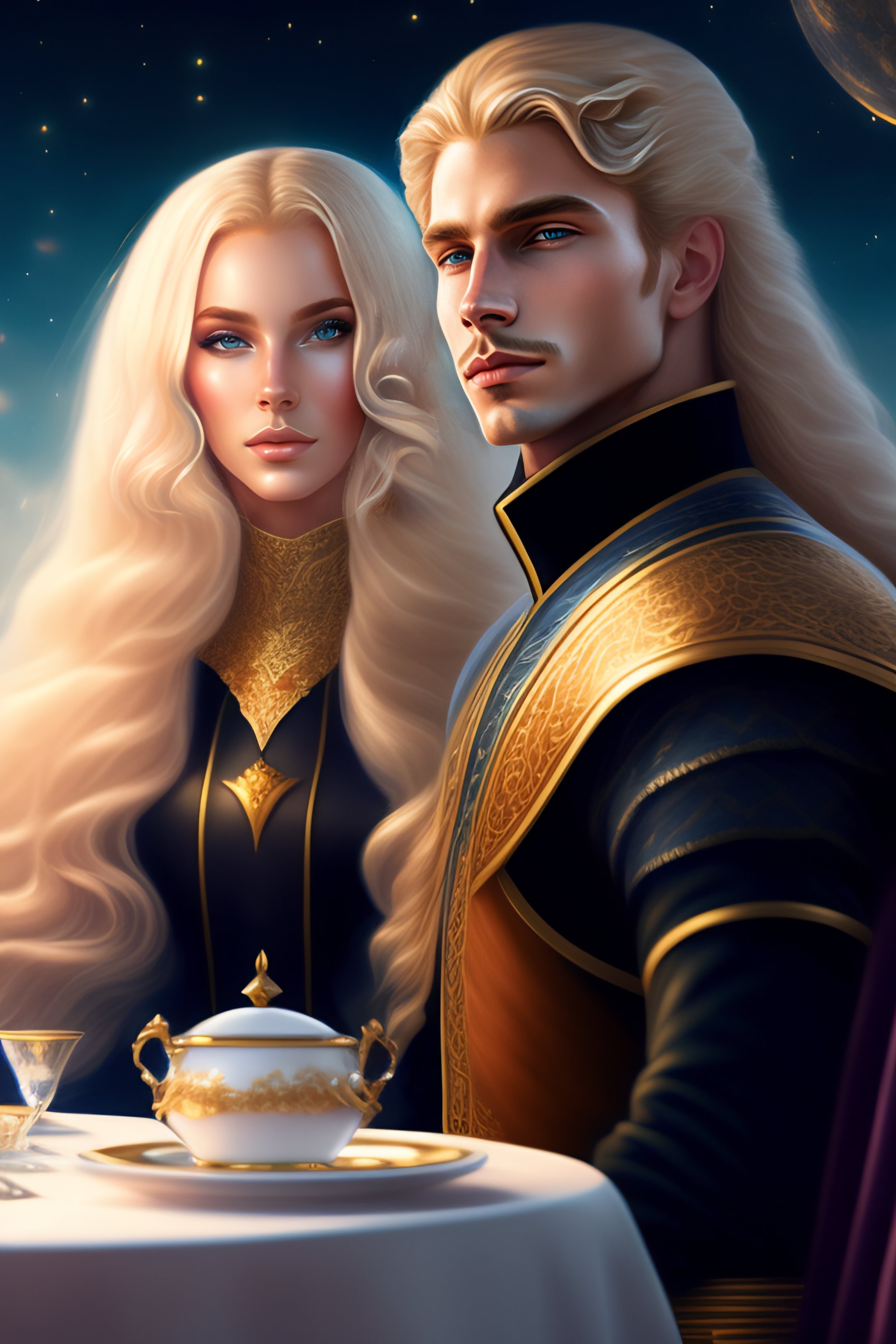 Lexica - Young prince, long blonde hair, royal, black outfit, night sky ...