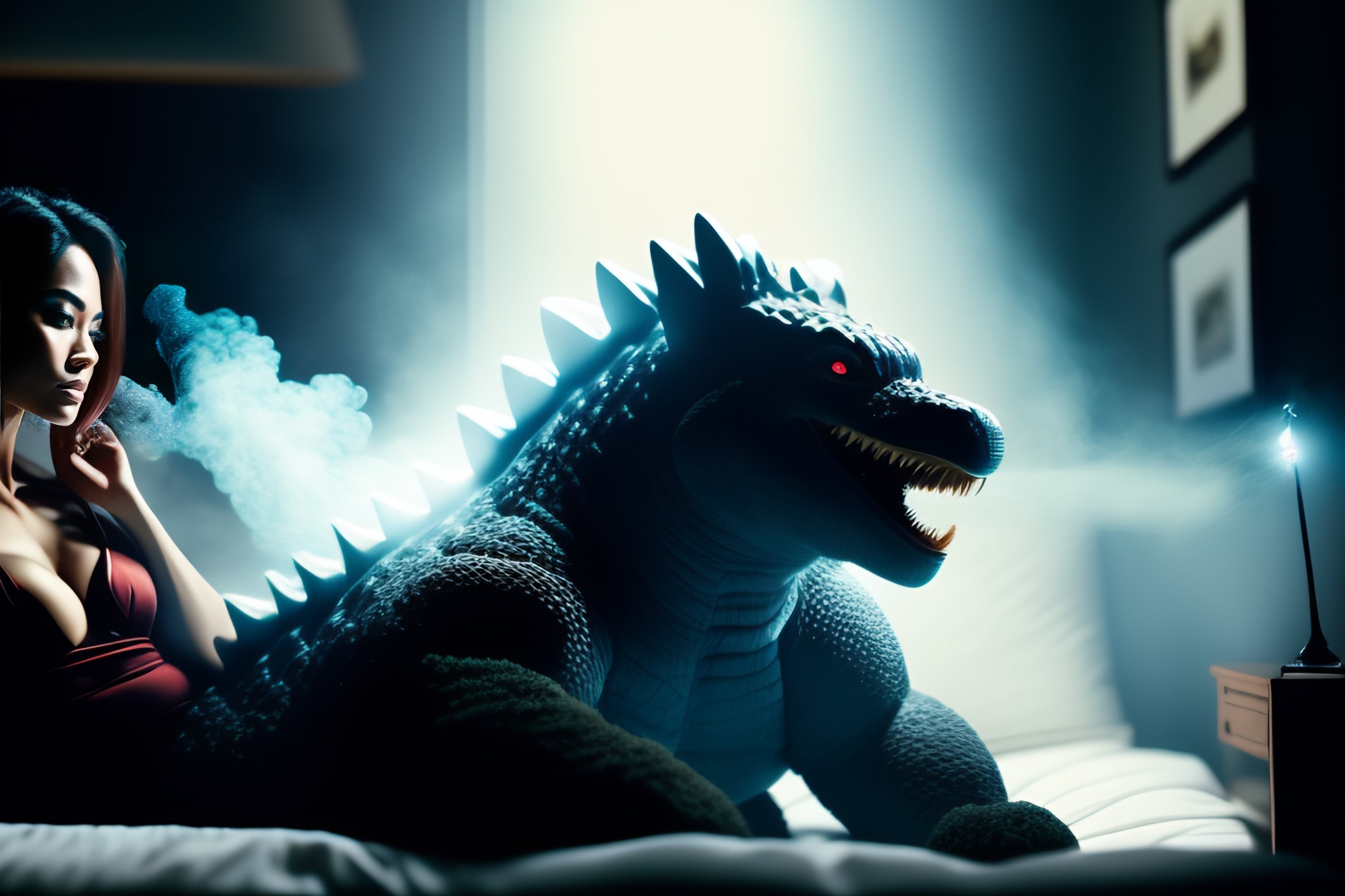 Lexica - Godzilla lying on his back smoking a cigarette in bed with a ...