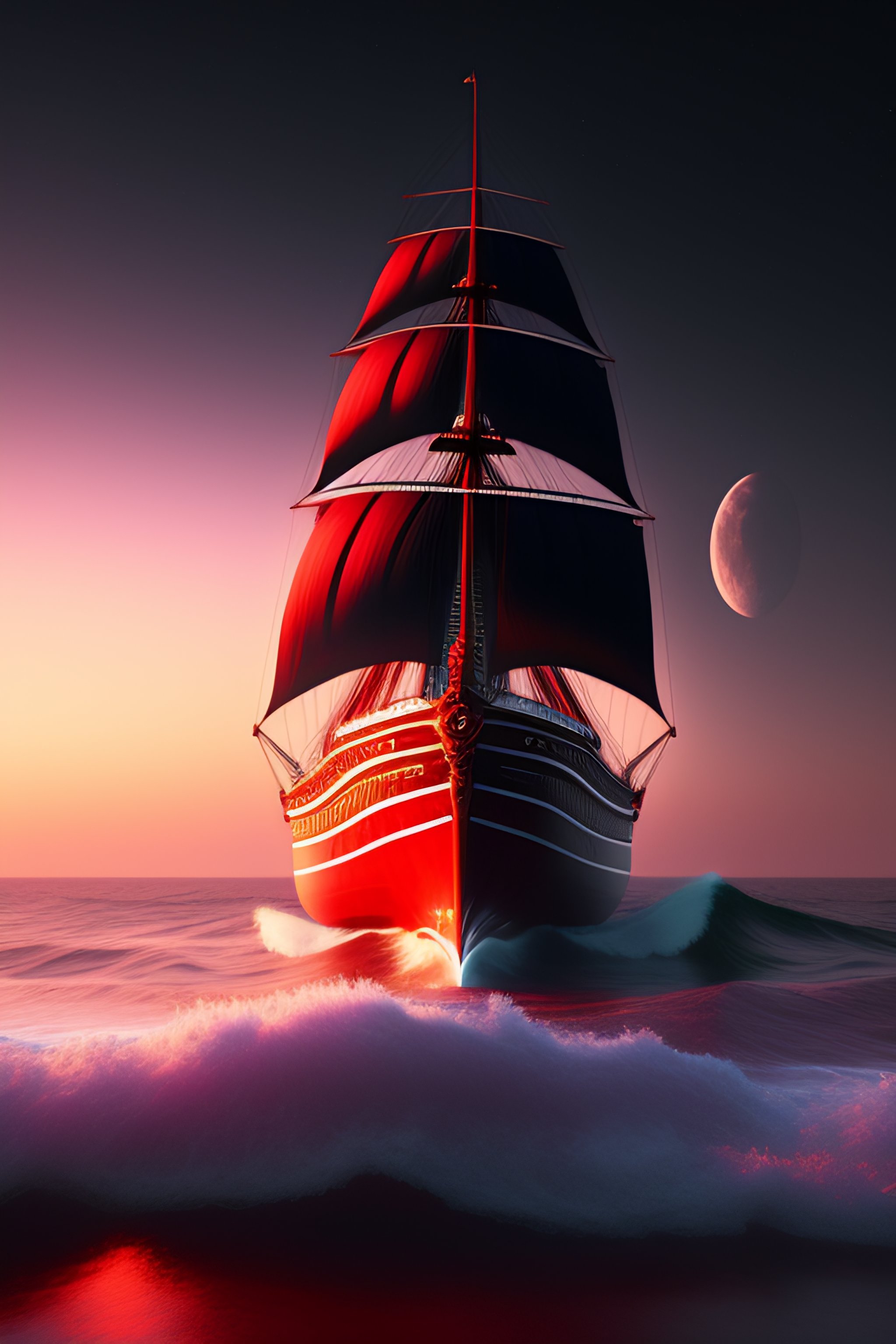 Lexica - A big red ship with black sails is sailing on the sea, big ...