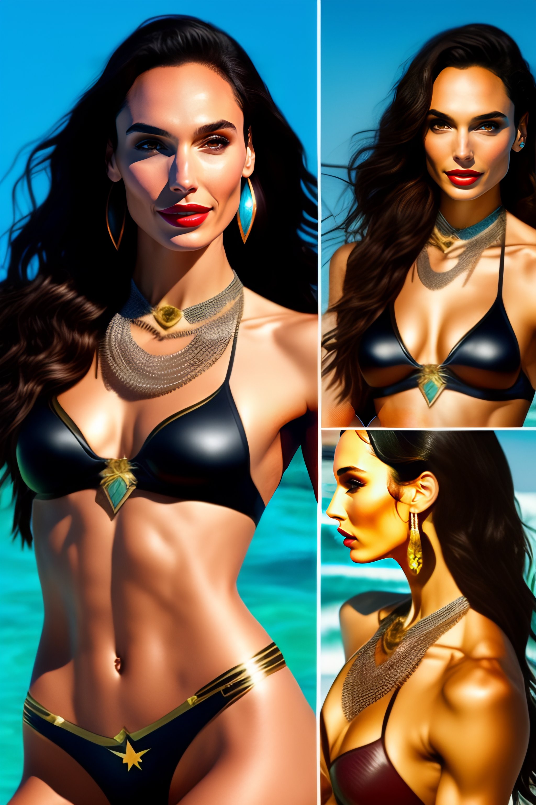 Lexica - Gal gadot wearing a tattered two piece string wonder woman bikini, ((both arms up over ...