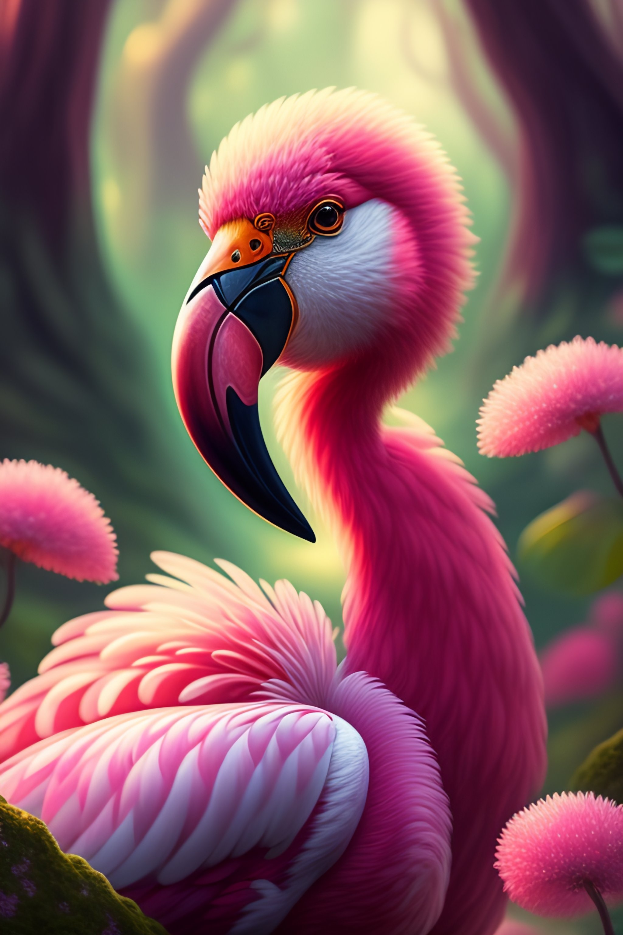 Lexica - A cute flamingo in the dreamy forest, fantasy, dreamlike, 8 k ...