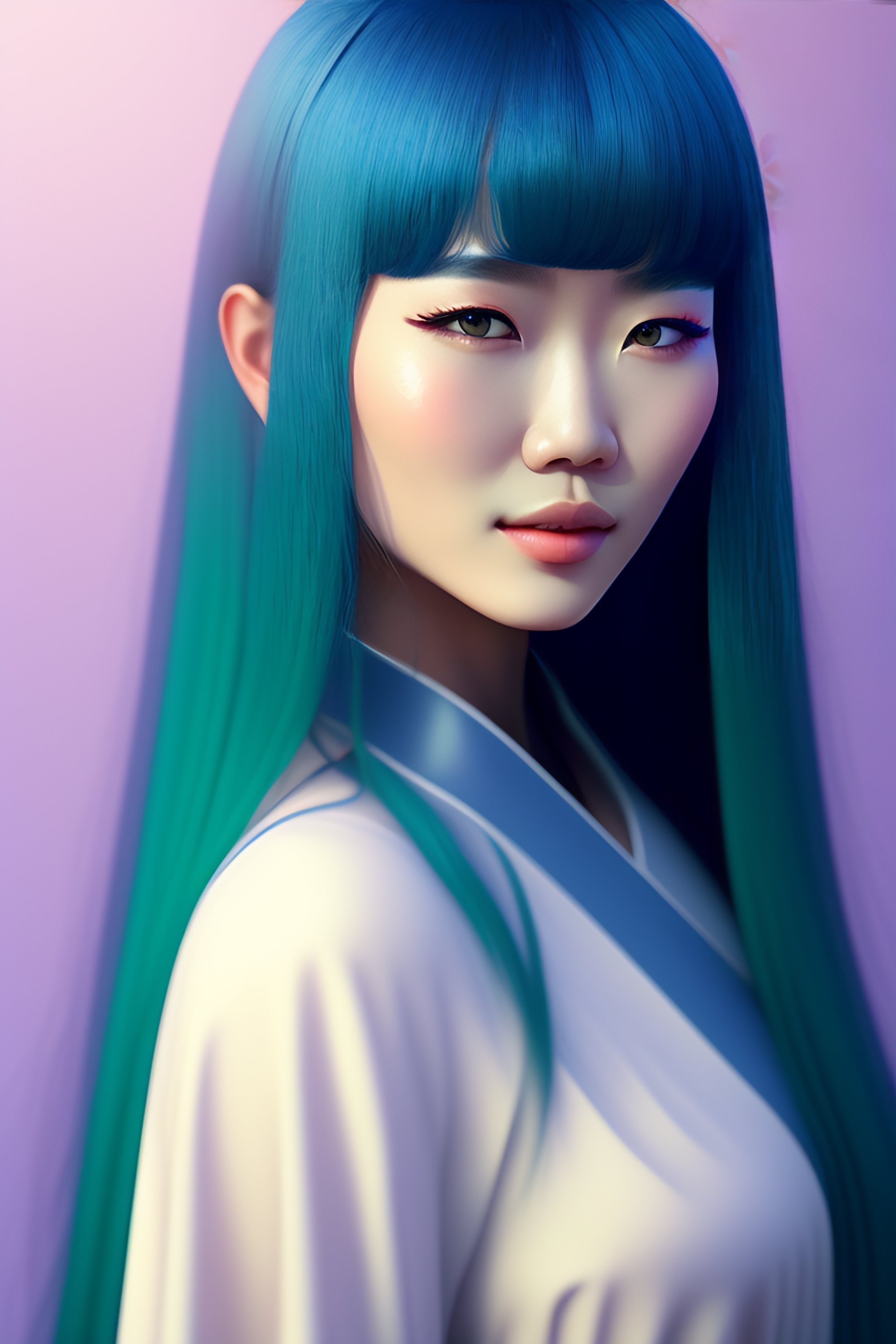 Lexica - A CHINESE WOMEN, light blue hair, white_eyes, straight bangs ...