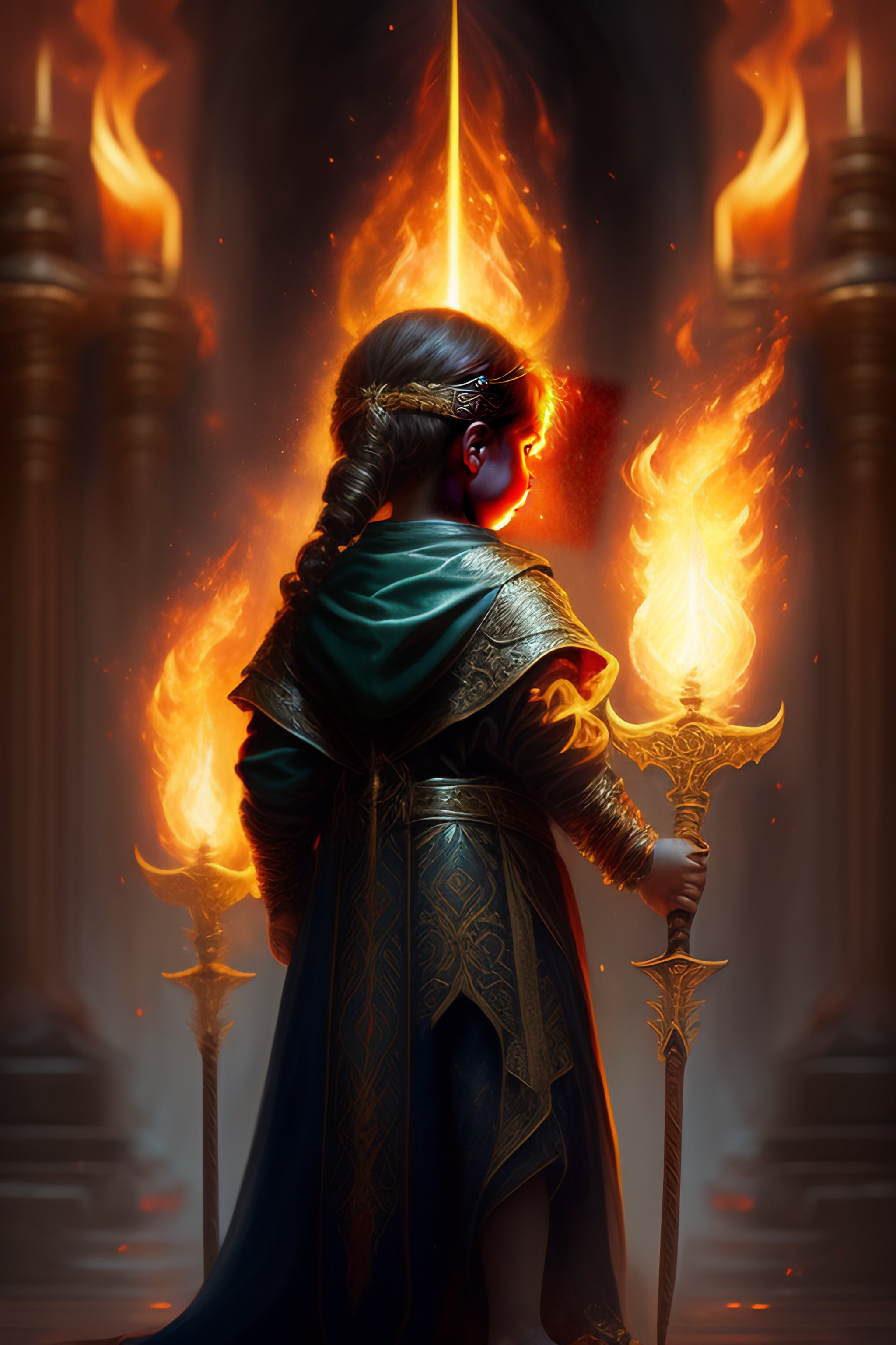 Lexica - Scene of a back view of a child mage wearing a hooded tunic ...