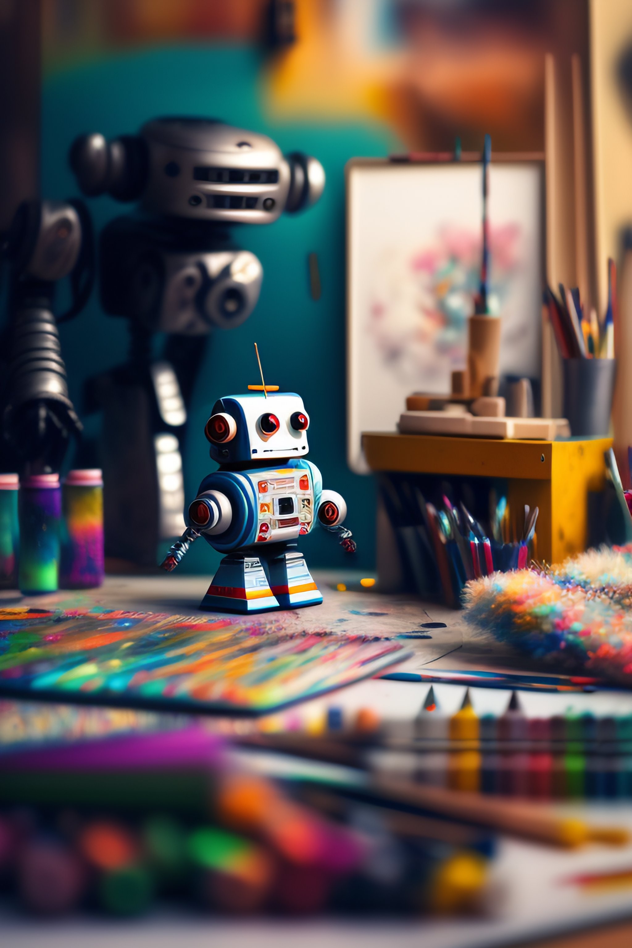 Lexica - A messy, chaotic artist's workshop, inside is a cute robot ...