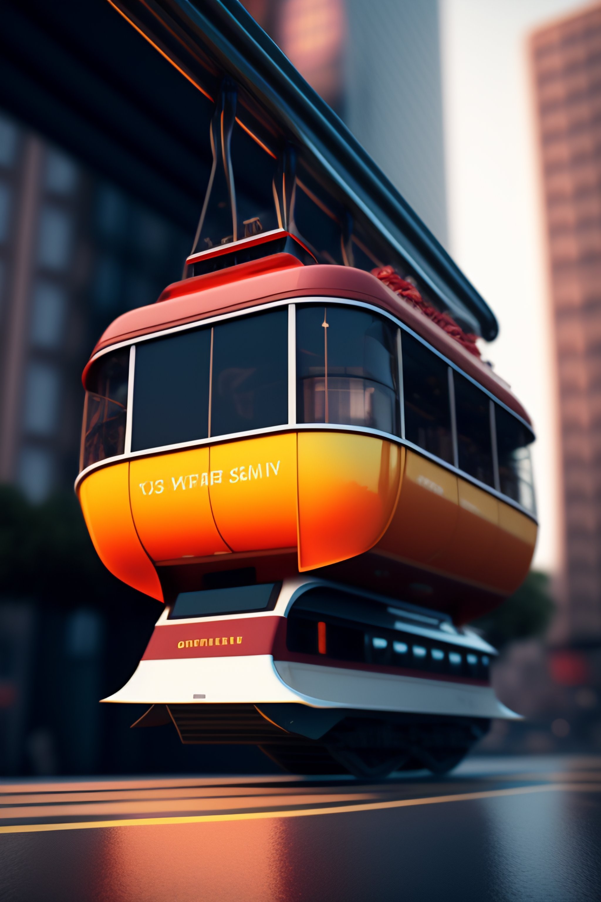 Lexica - Modern cable car hanging above a bus in a city, 4K, octane render