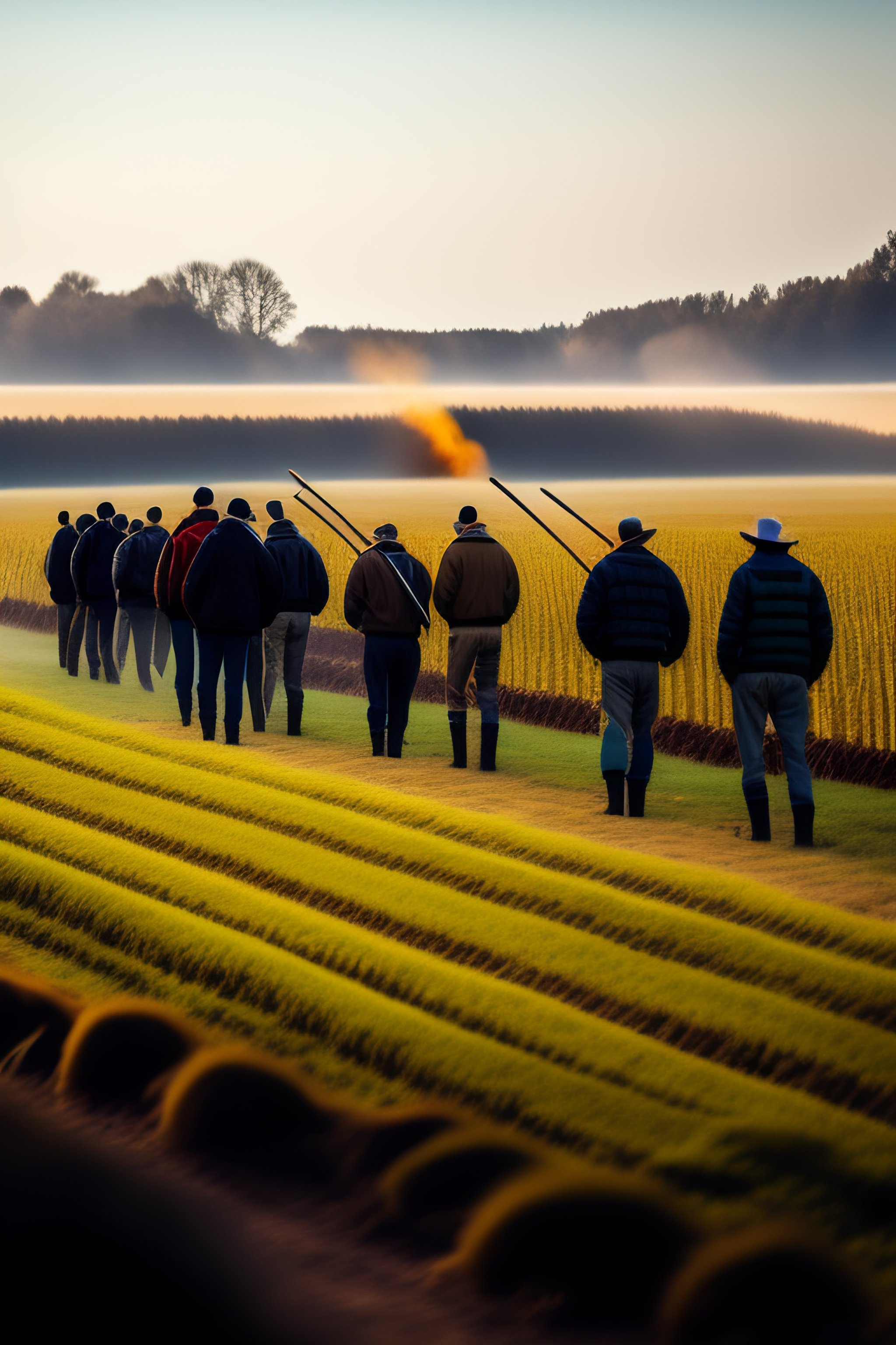 Lexica - A group of farmers holding up pitchforks walk on an open field