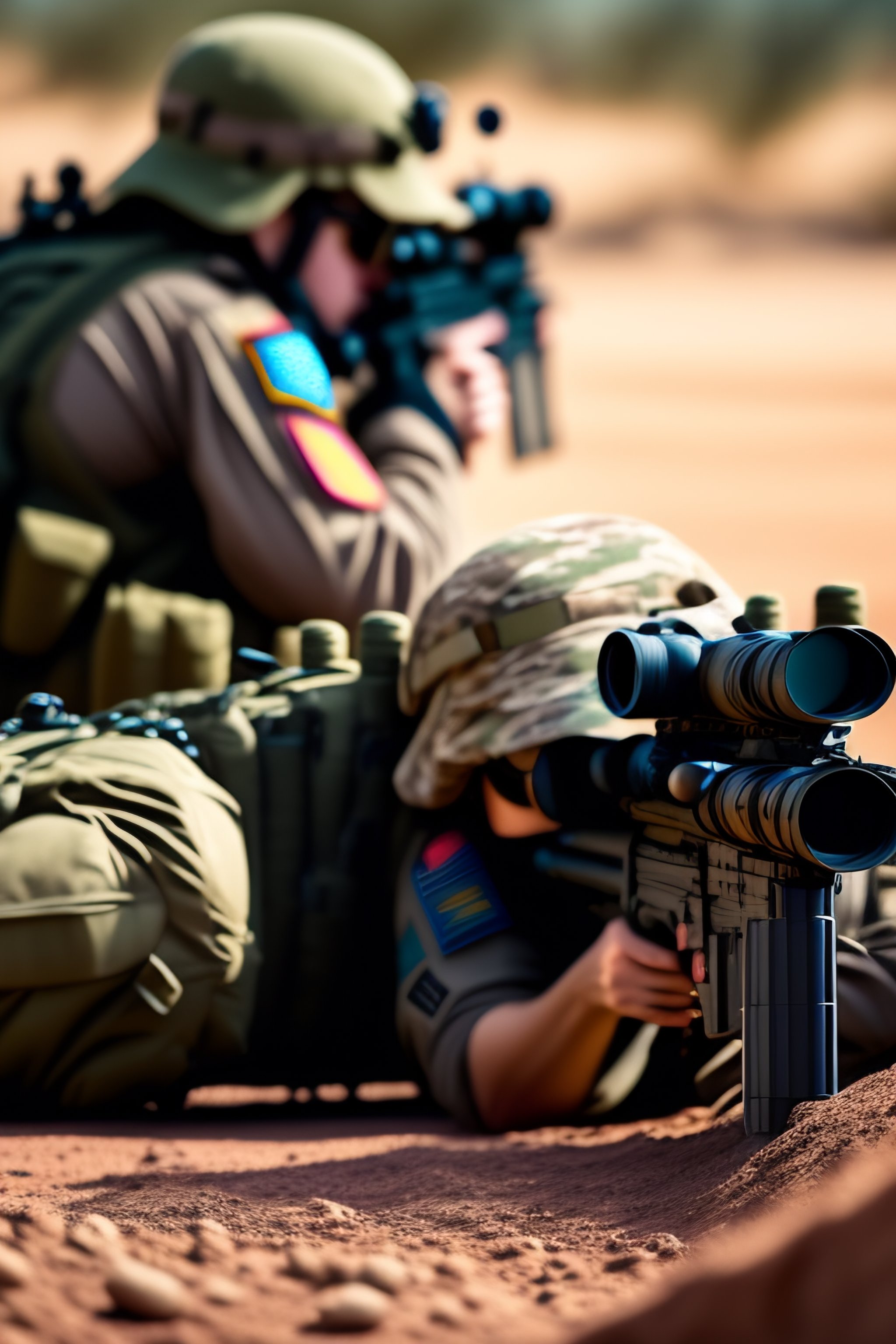 Lexica - Full frame, fit female sniper lying flat on the ground with ...