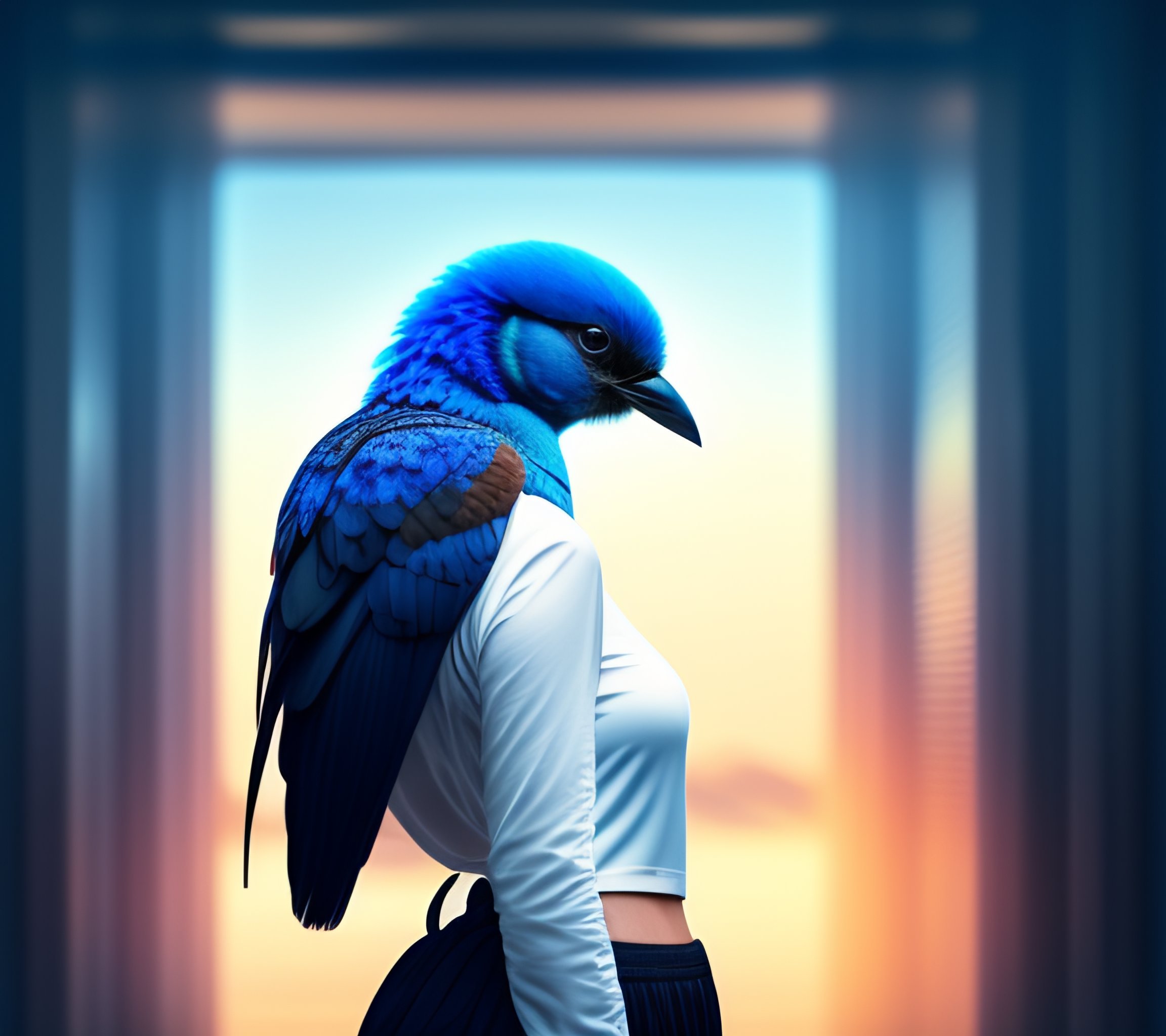 Lexica - Blue female humanoid bird wearing white tshirt and black shiny ...