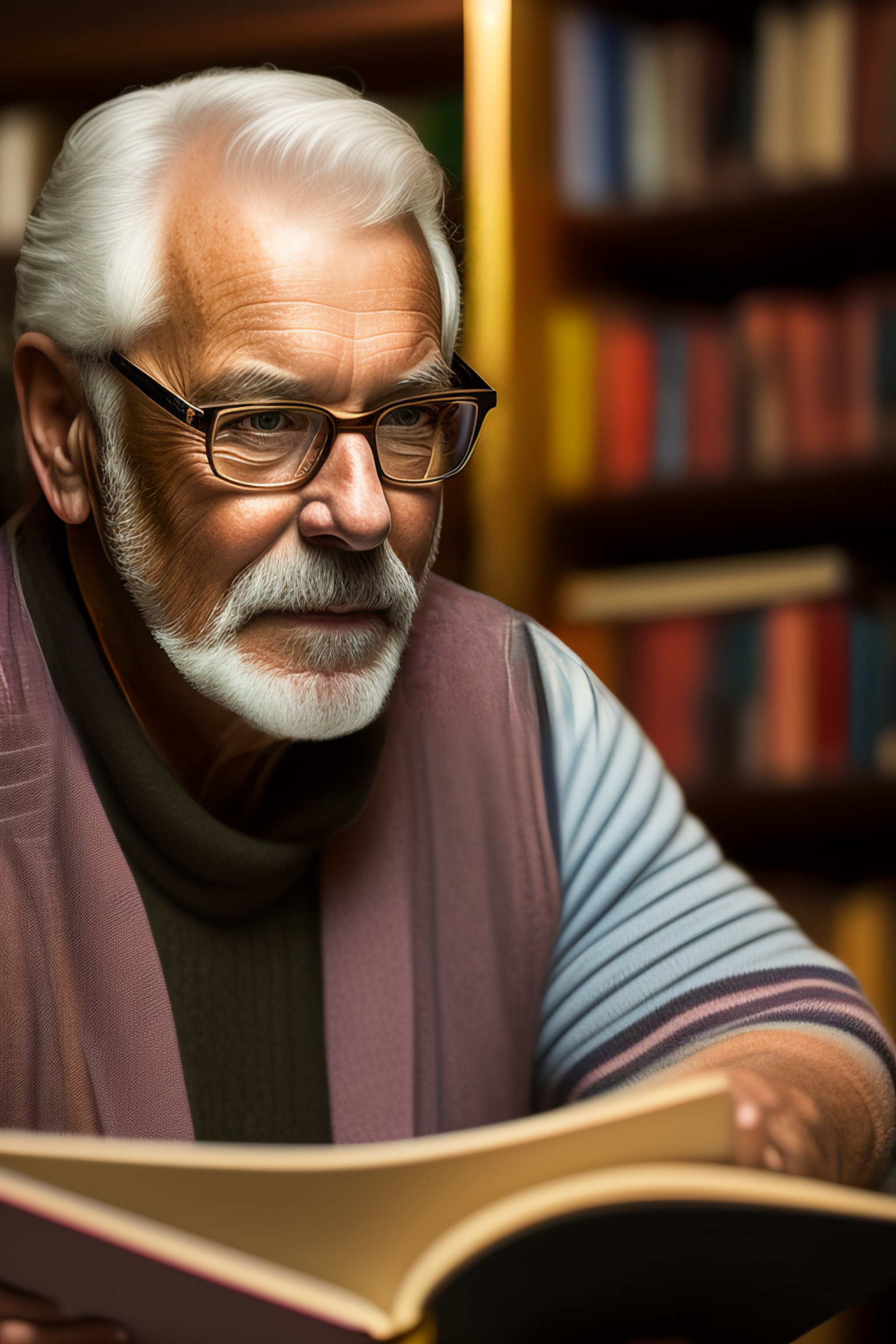 Lexica - An artistic smalltown male writer over 55 in his library