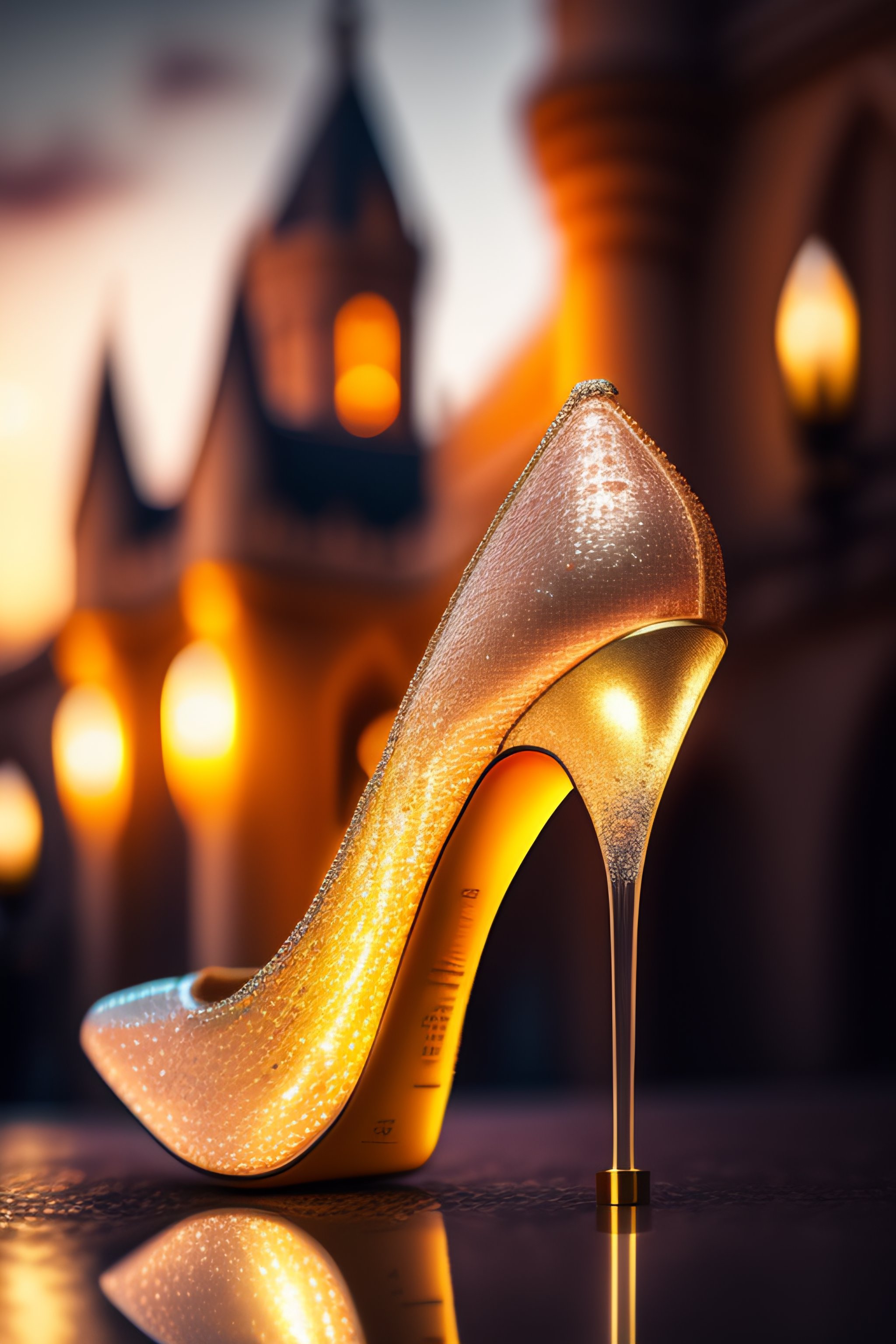Lexica - Shiny clear intricate high heel shoe in front of a castle, 8k ...