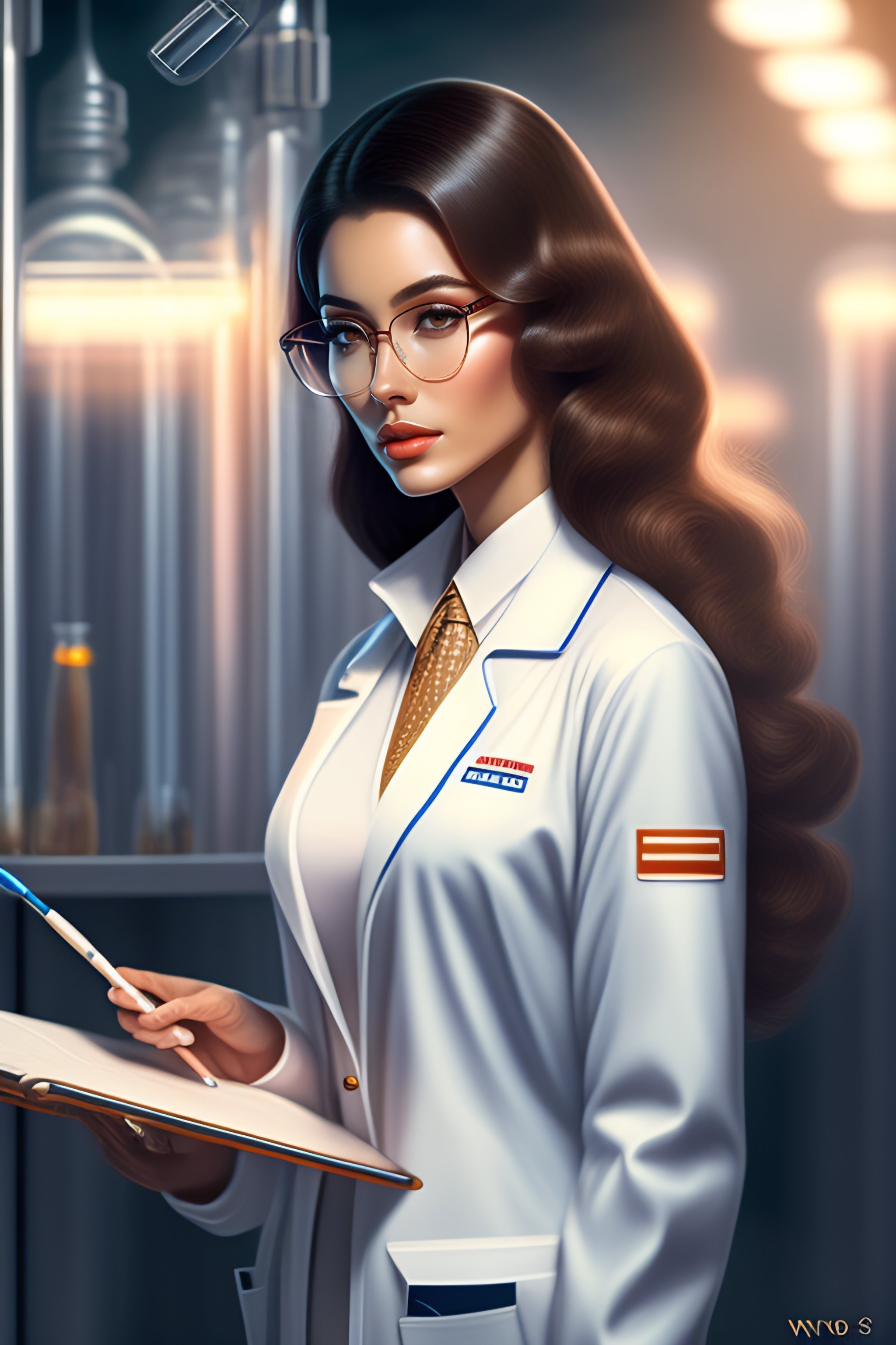 Lexica - Beautiful girl, wearing lab coat and glasses, holding a ...