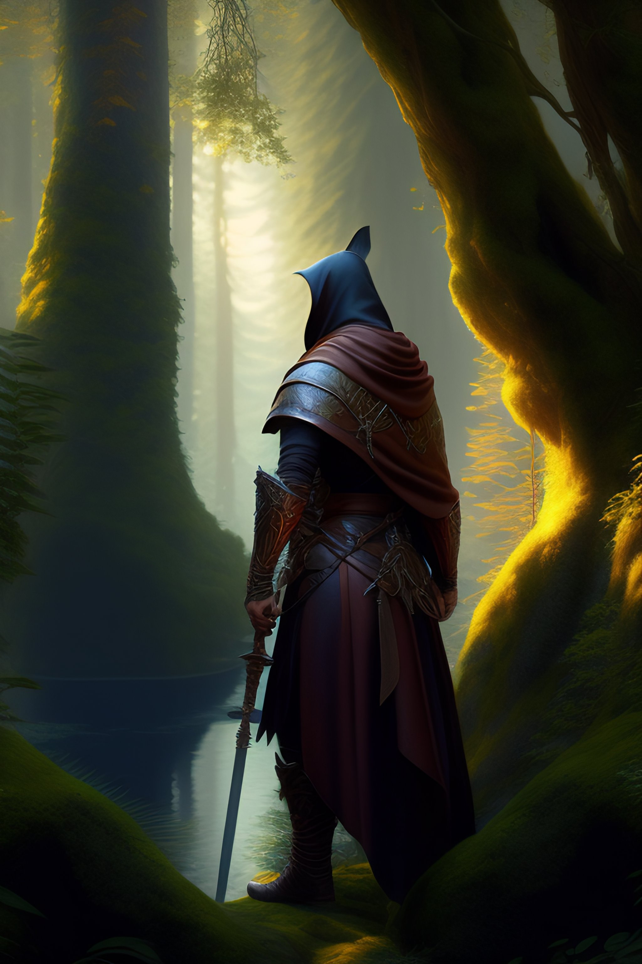 Lexica - Goblin holding sword wearing a brown hooded cloak in a forest ...