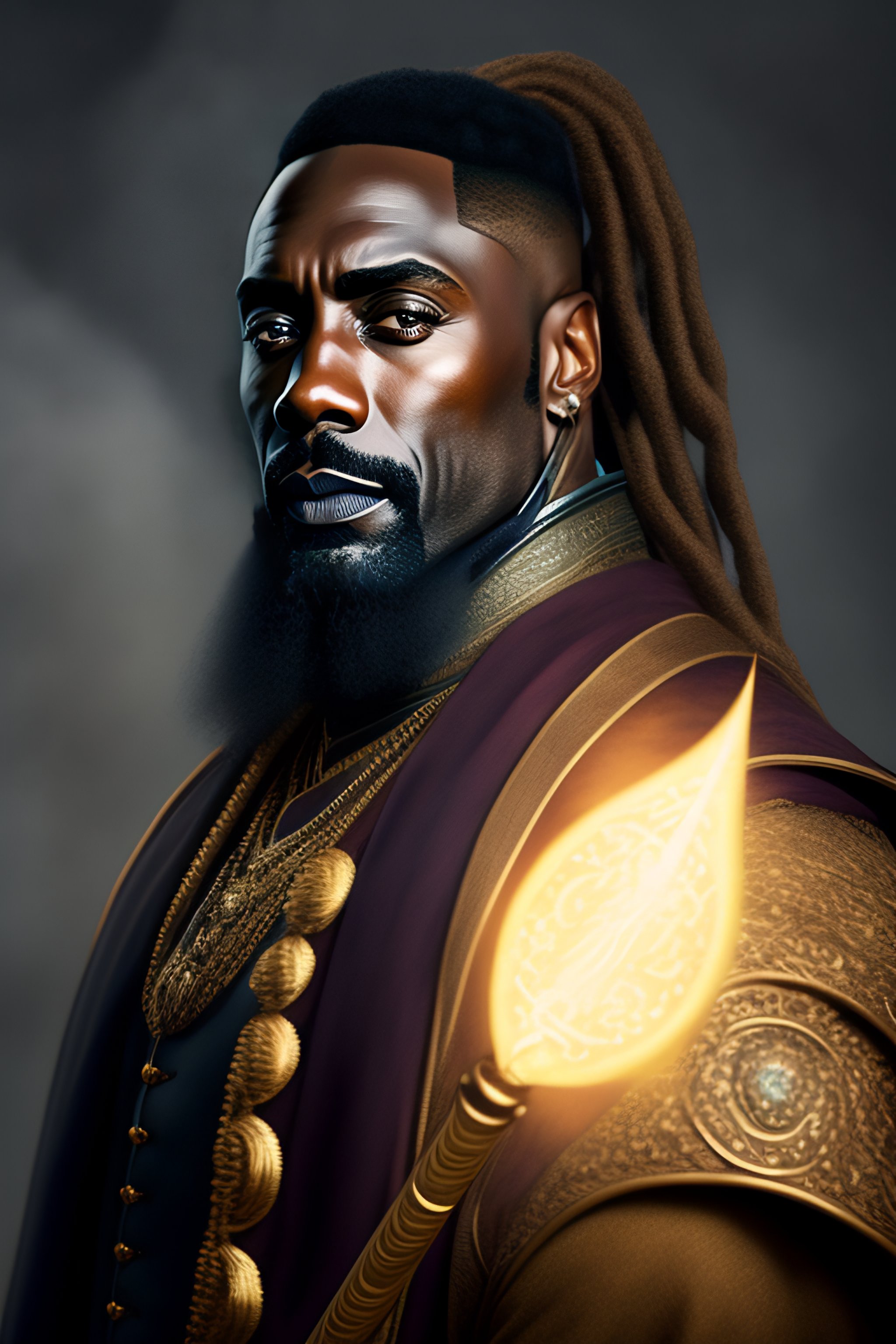 Lexica - Portrait Idris Elba, D&D Wizard with staff gem, dreadlock hair