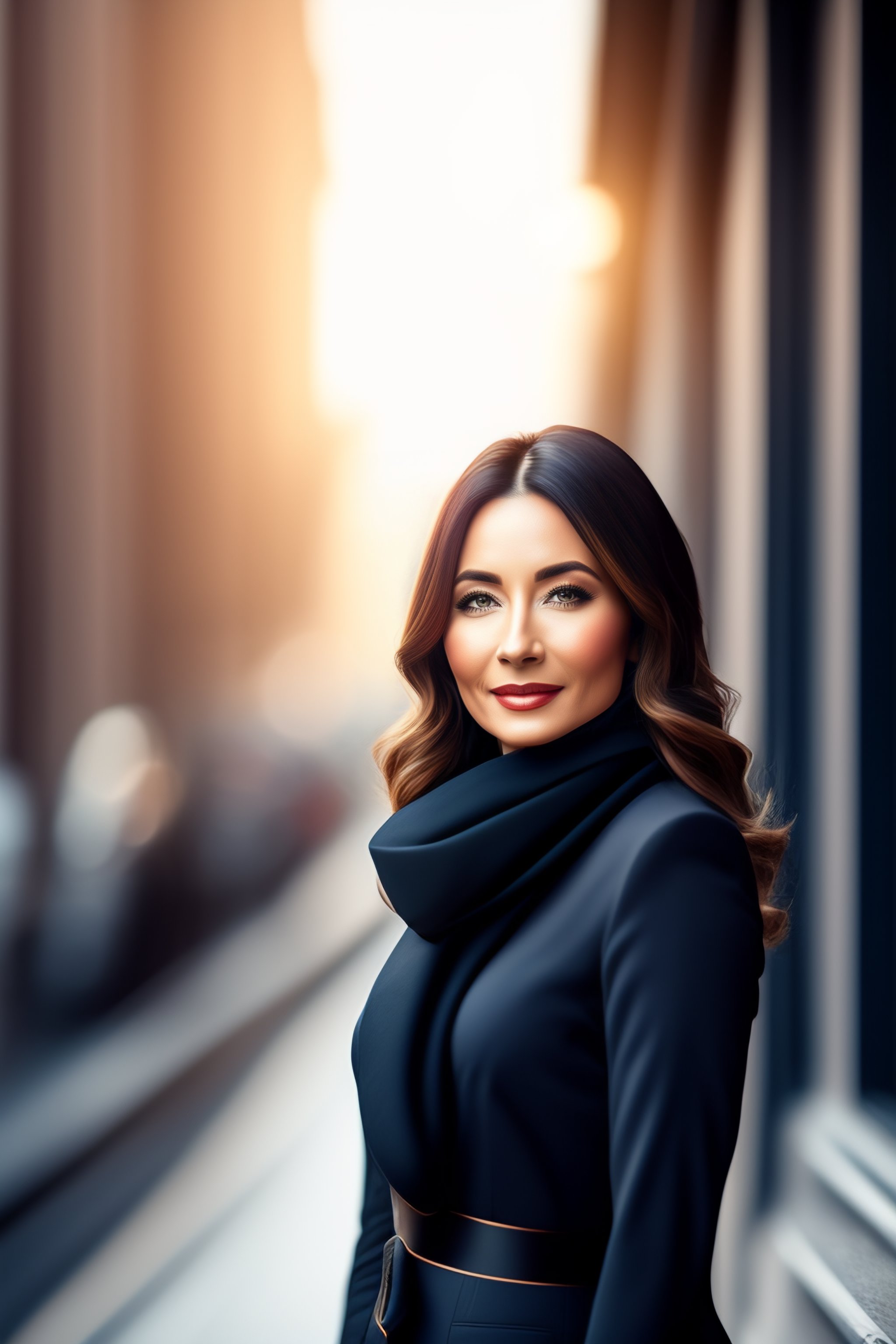 Lexica - Businesswoman wearing thin blouse with scarf, full body