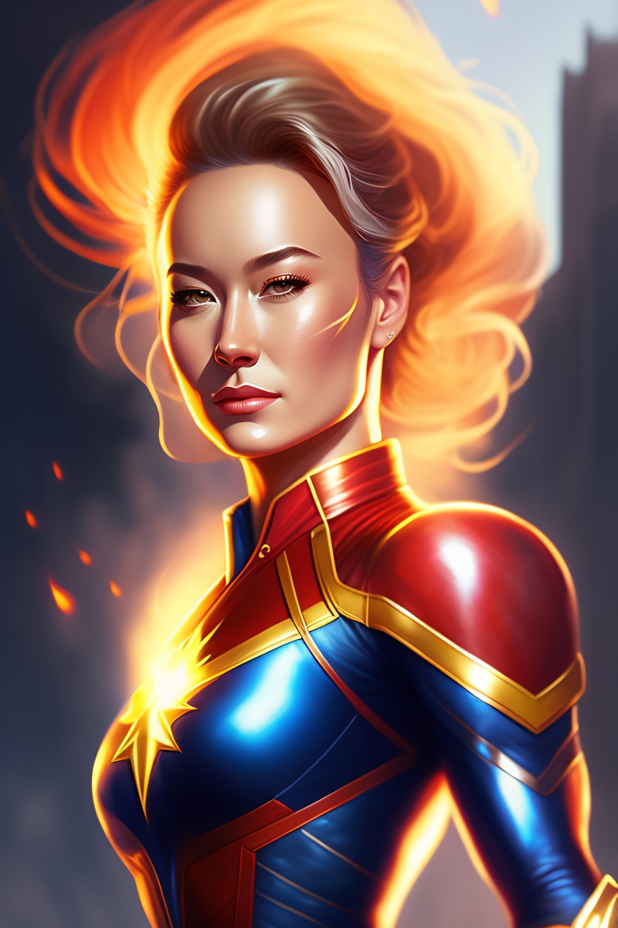 Lexica - Muscular brie larson as Captain Marvel, flame background,sharp ...