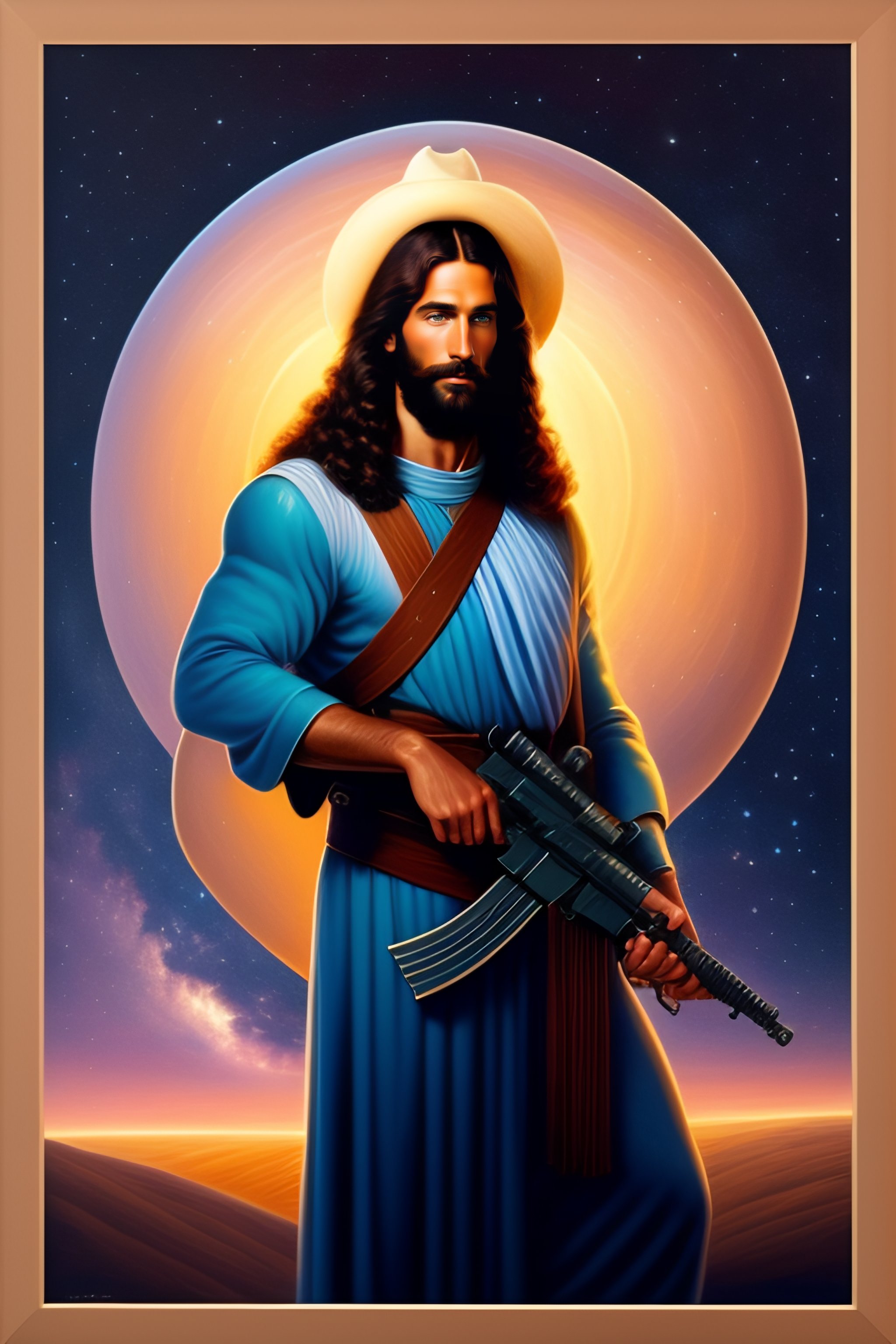 Lexica - Jesus Christ as astronaut with cowboy hat and lot of guns