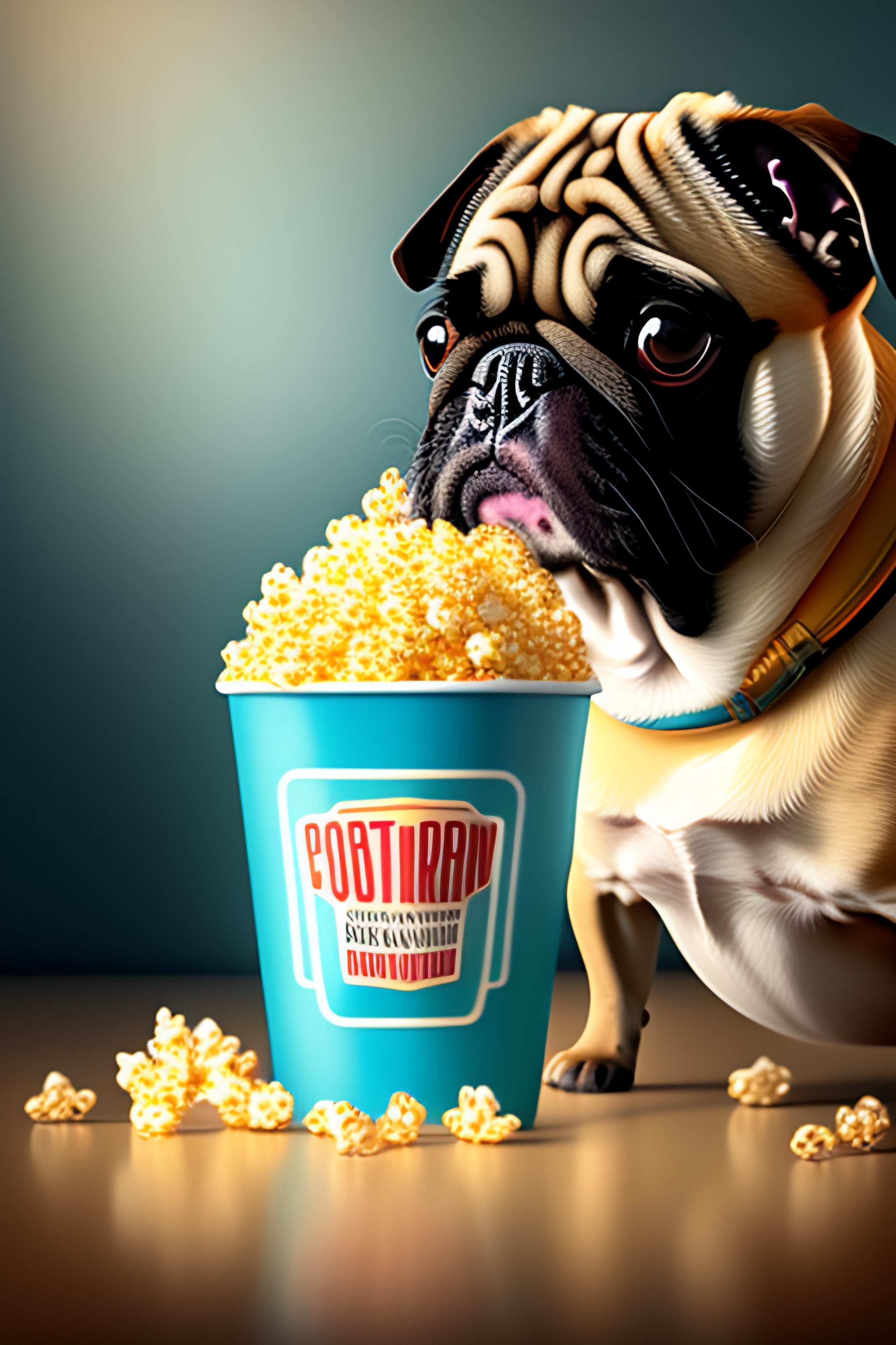 Lexica - A highly detailed long shot photo, pug dog looking a popcorn ...