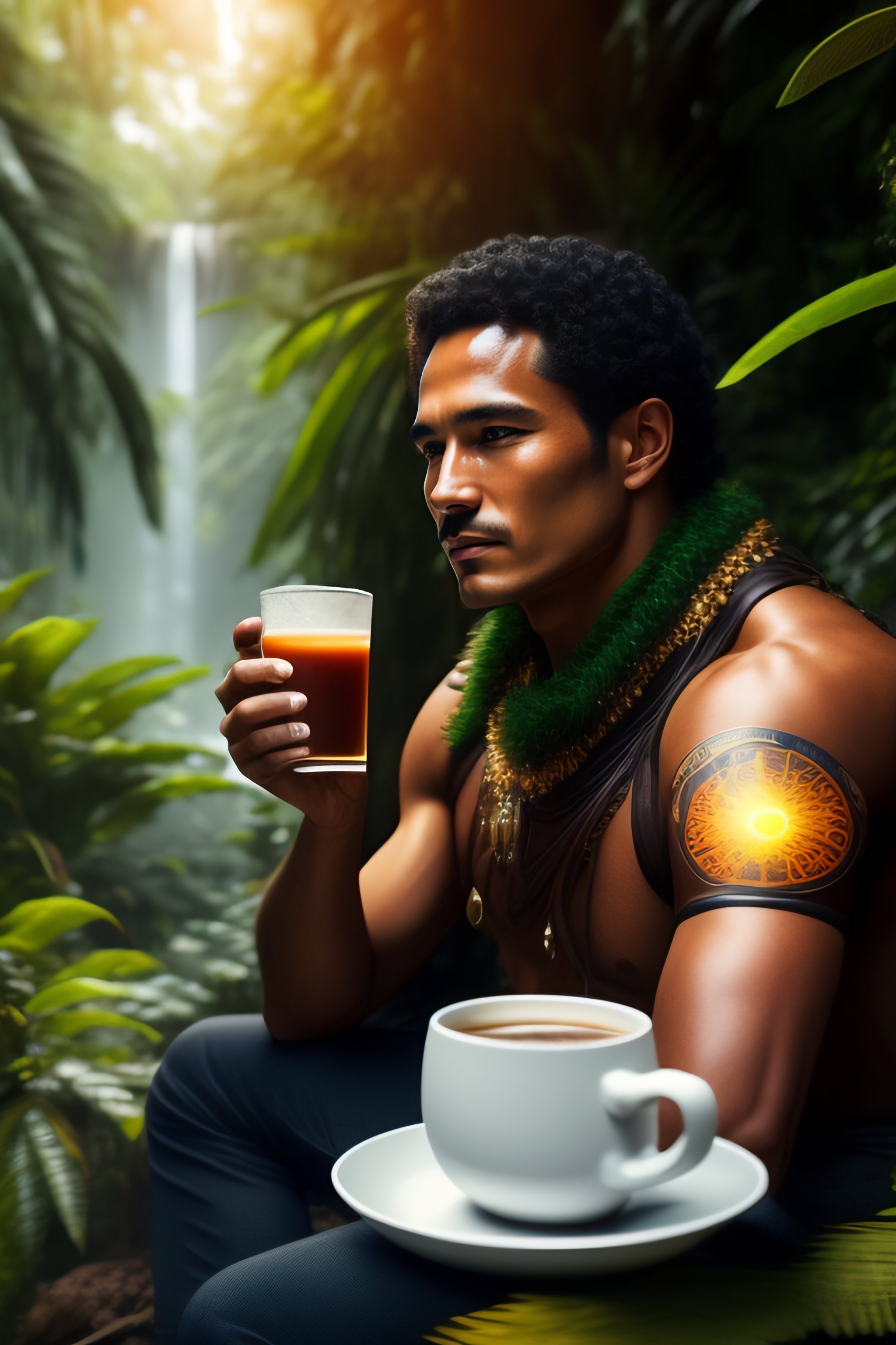 Lexica - Solarpunk man drinking coffee with background A high tech ...