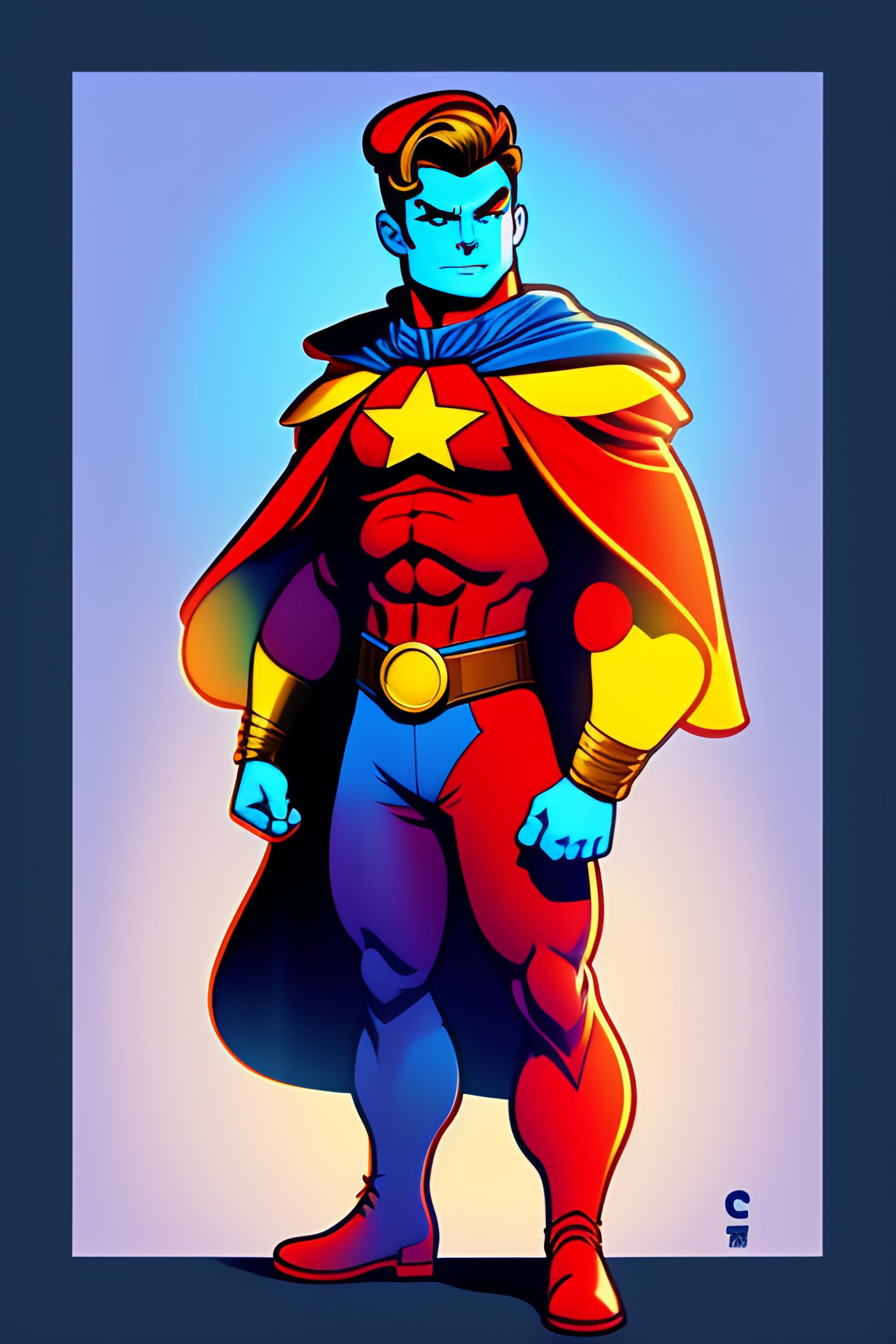 Lexica - Cute male 2d retro comic superhero with blue cape