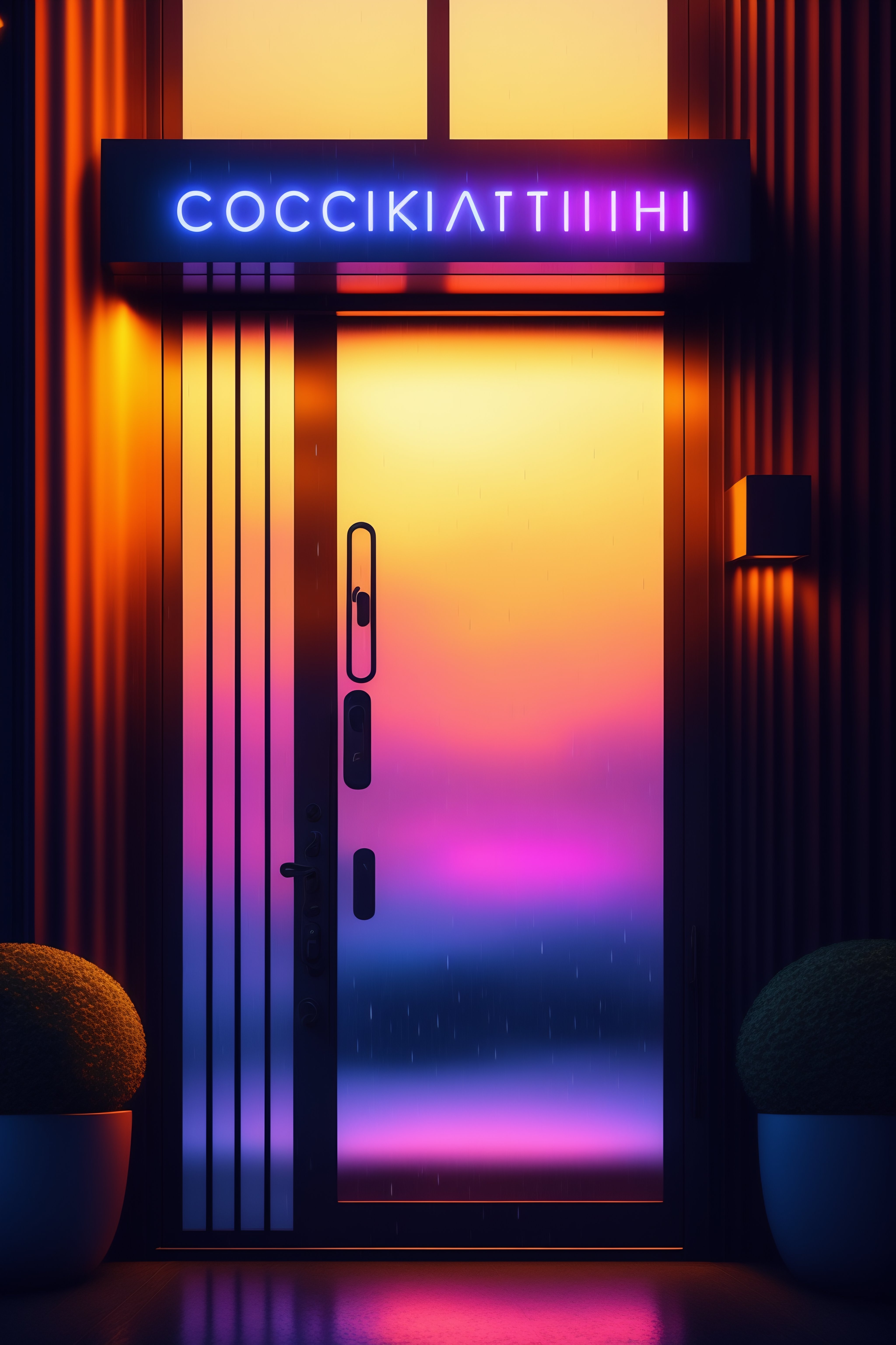 Lexica - Cocktail club door outside, its raining, cyber, neon digns ...