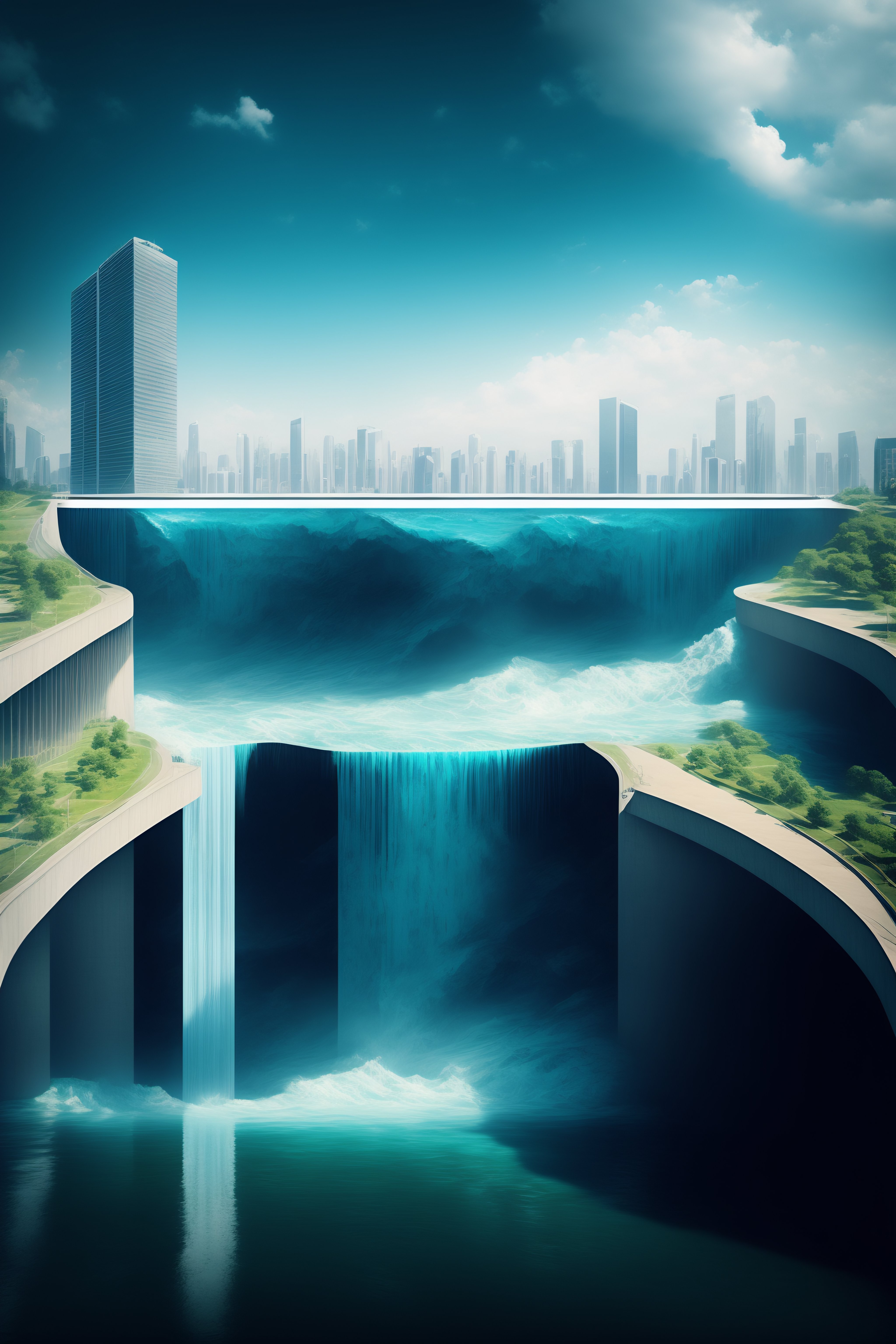 Lexica - Dam cracked, massive blue water flooding, flooded office ...