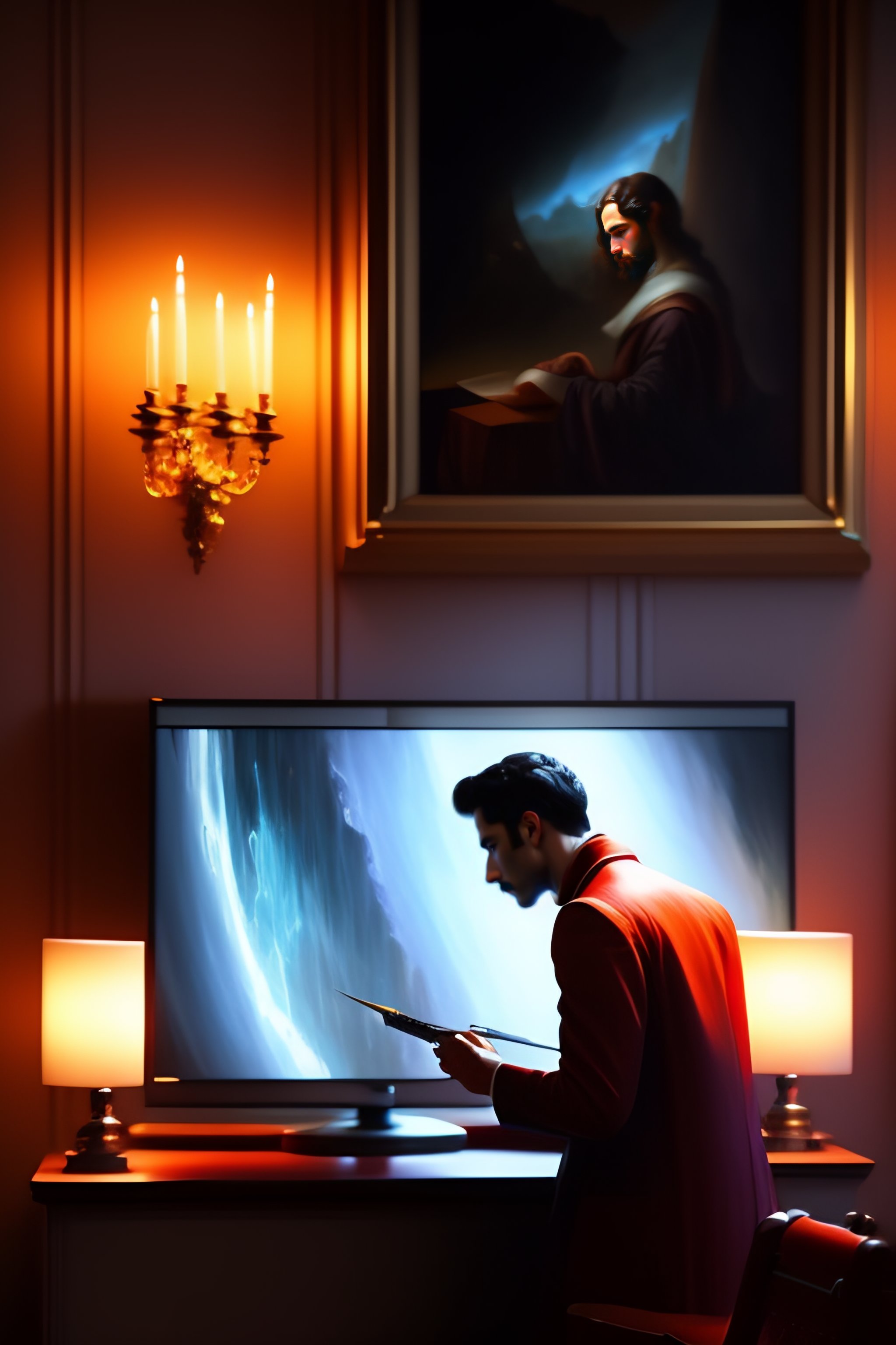 Lexica - Beautiful man typing email with a painting on the wall by ivan ...