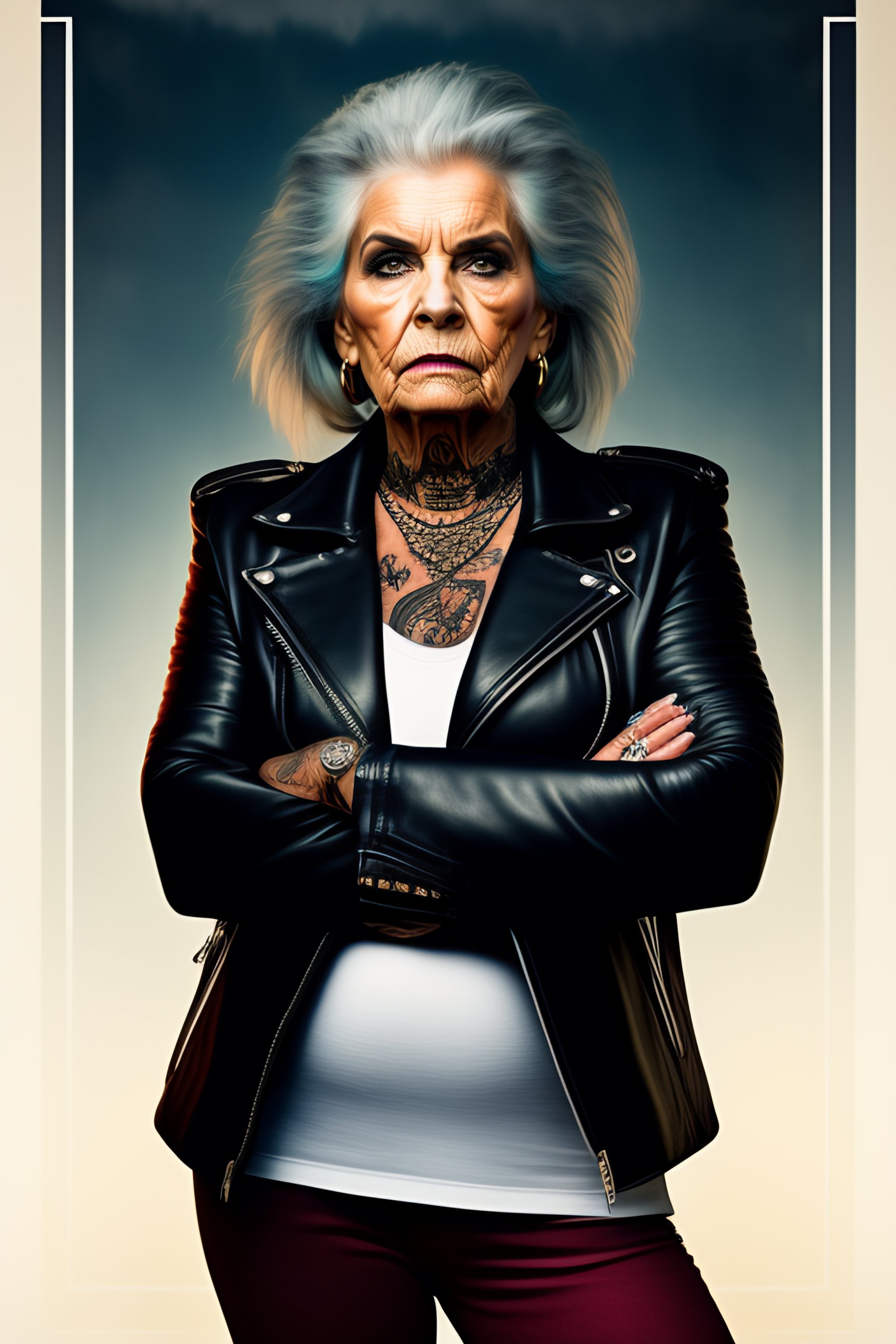 Lexica - Portrait of a grumpy mean scowl old woman biker tattoos ...