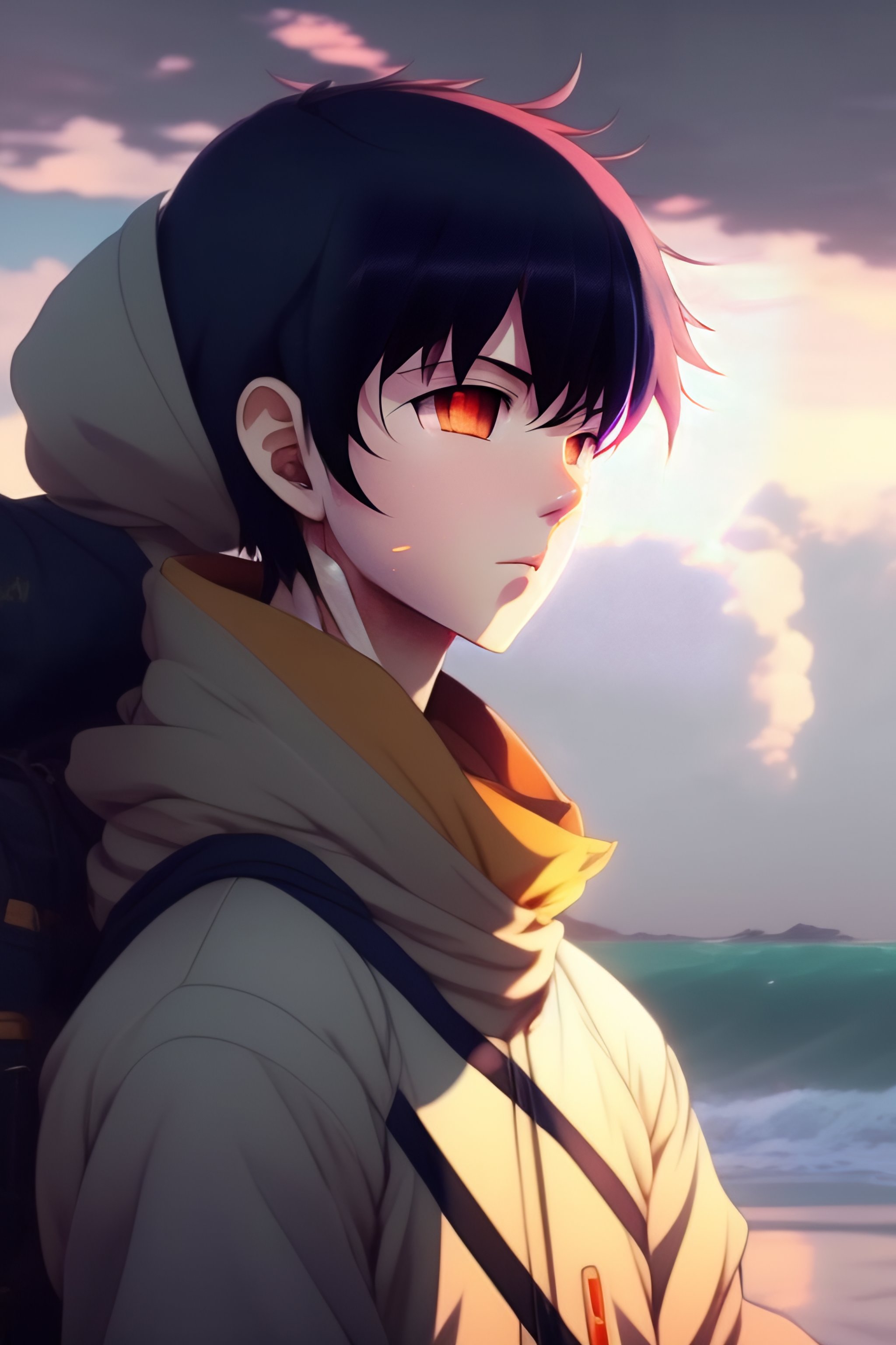 Lexica - A scared anime boy covers his face with his hands, a giant ...