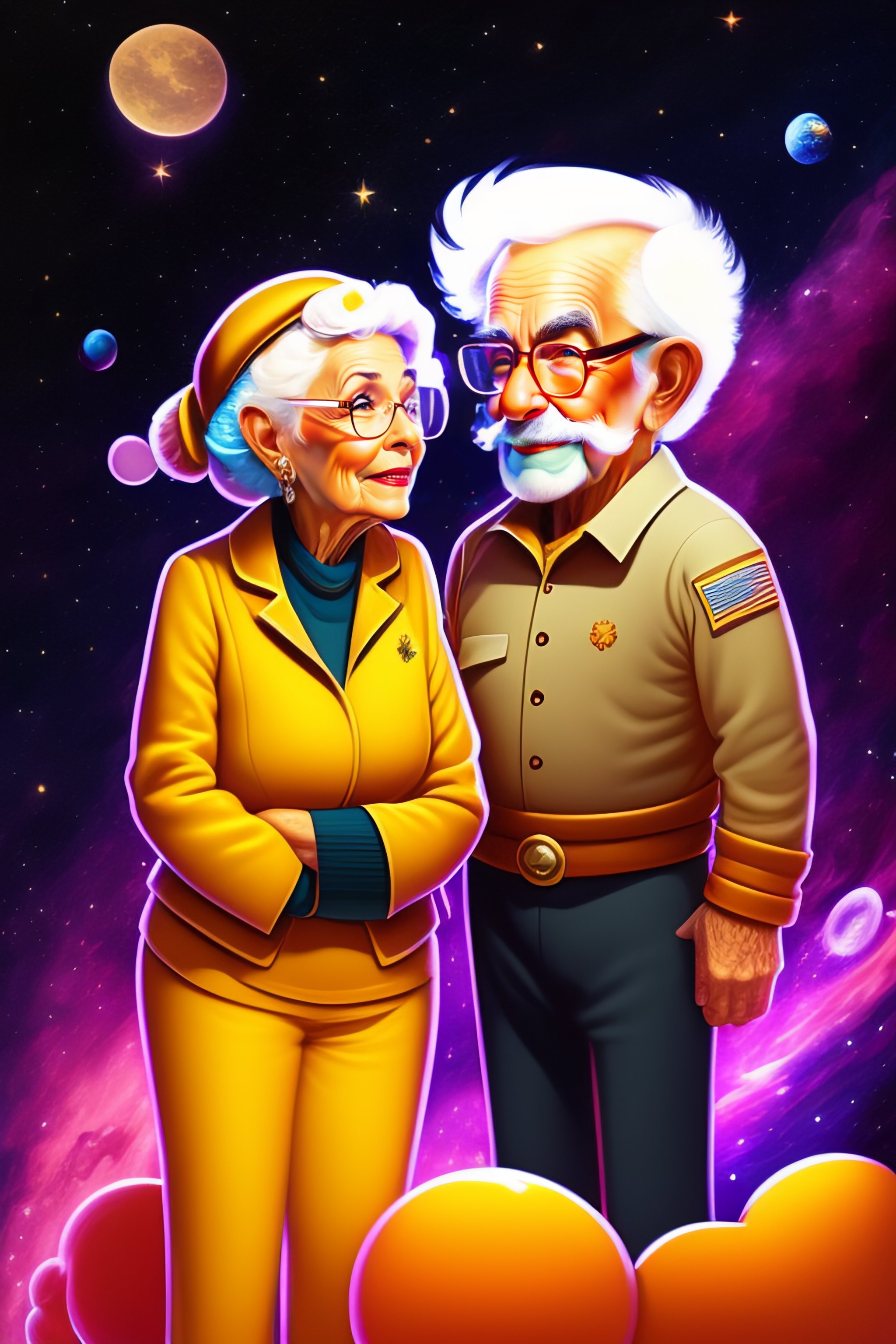 Lexica - Eldery husband and wife in Space, style of Bill Watterson
