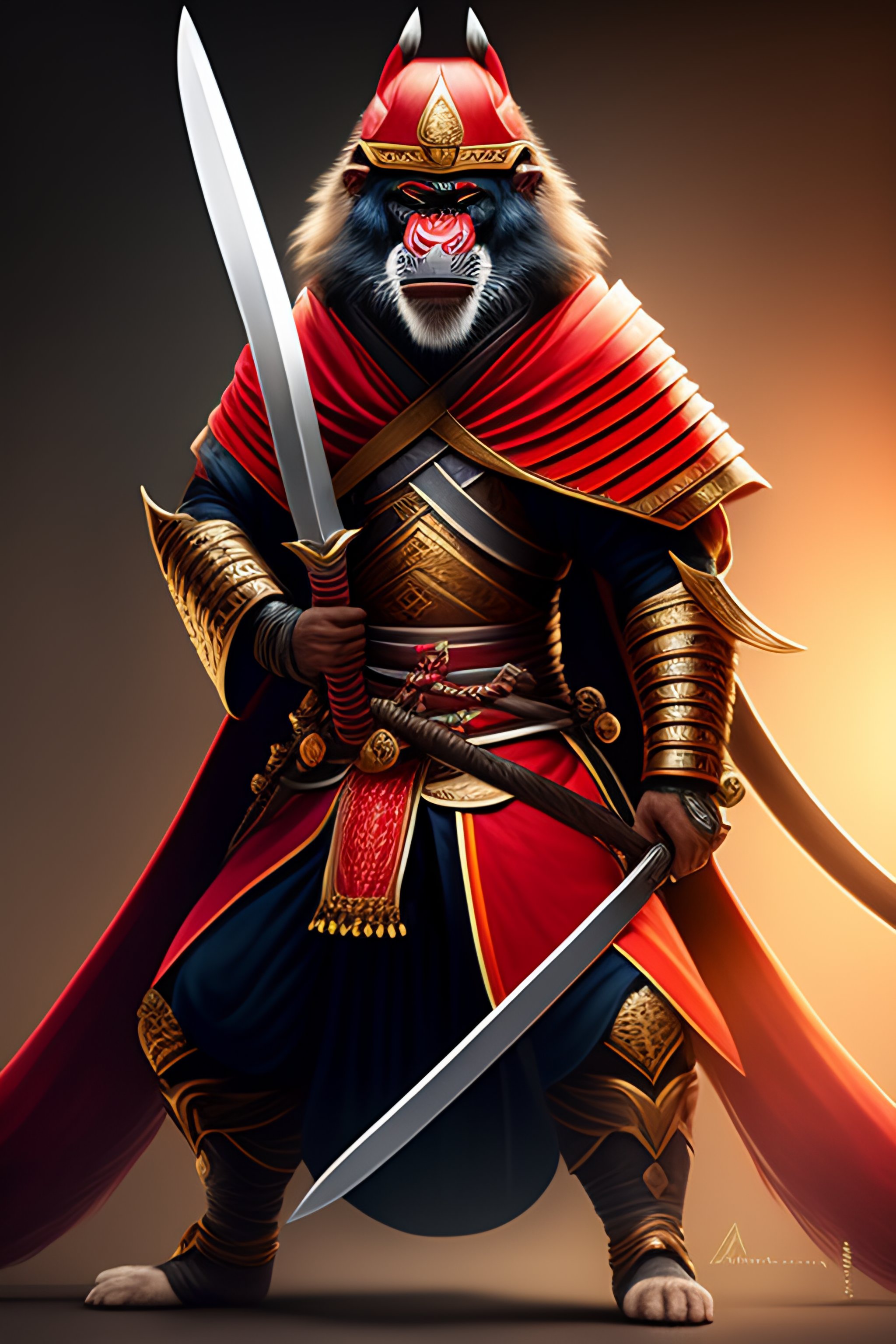 Lexica - Award-winning photo of a Mandrill samurai, red eyes, holding ...