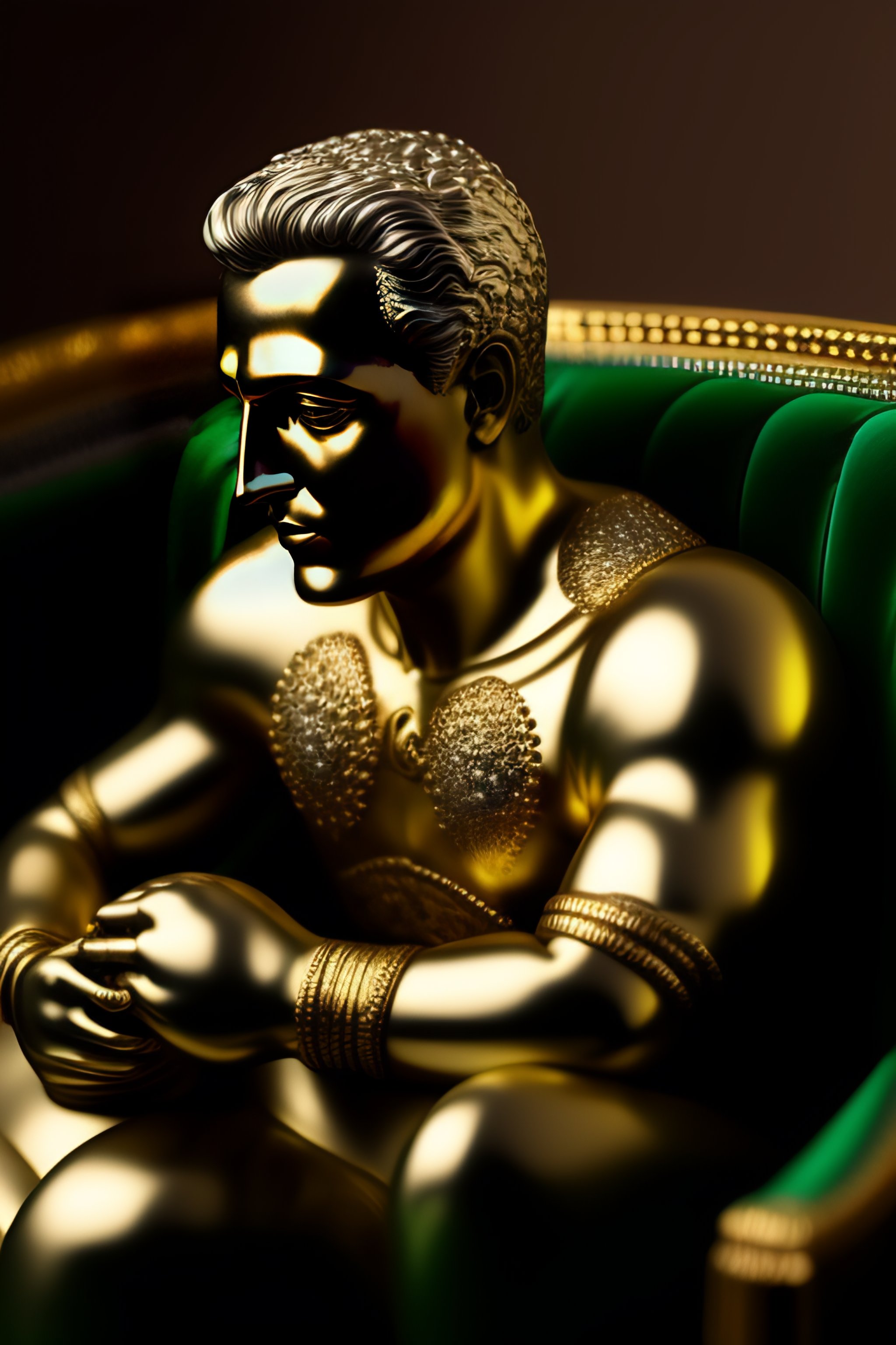 Lexica - The silver man eating green olives sits on the golden couch.