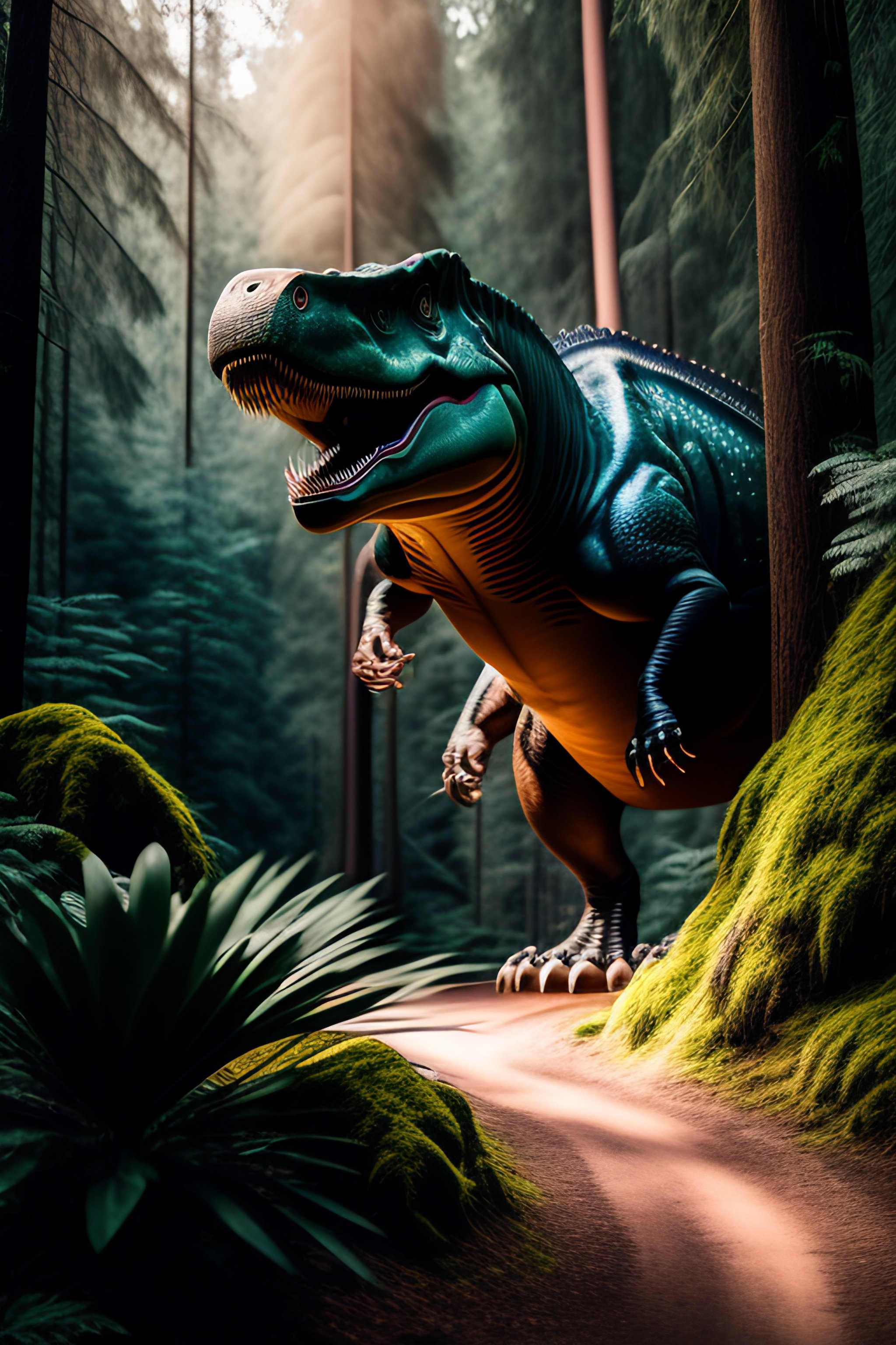 Lexica - Hyper realistic vintage photograph of a real trex in a forest ...