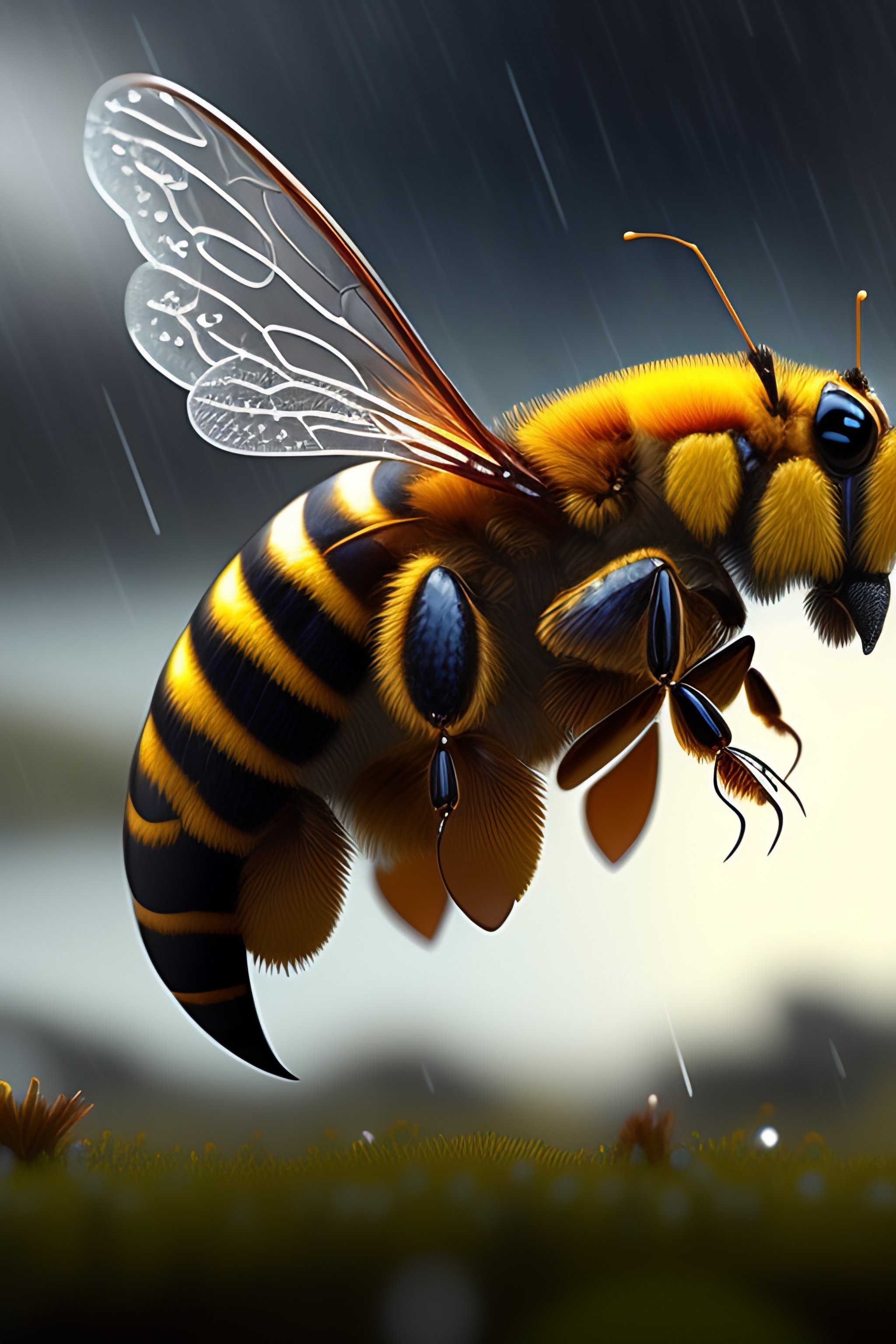 Lexica - T-rex dino bee hybrid, bee wings, terrifying, rain, unreal engine