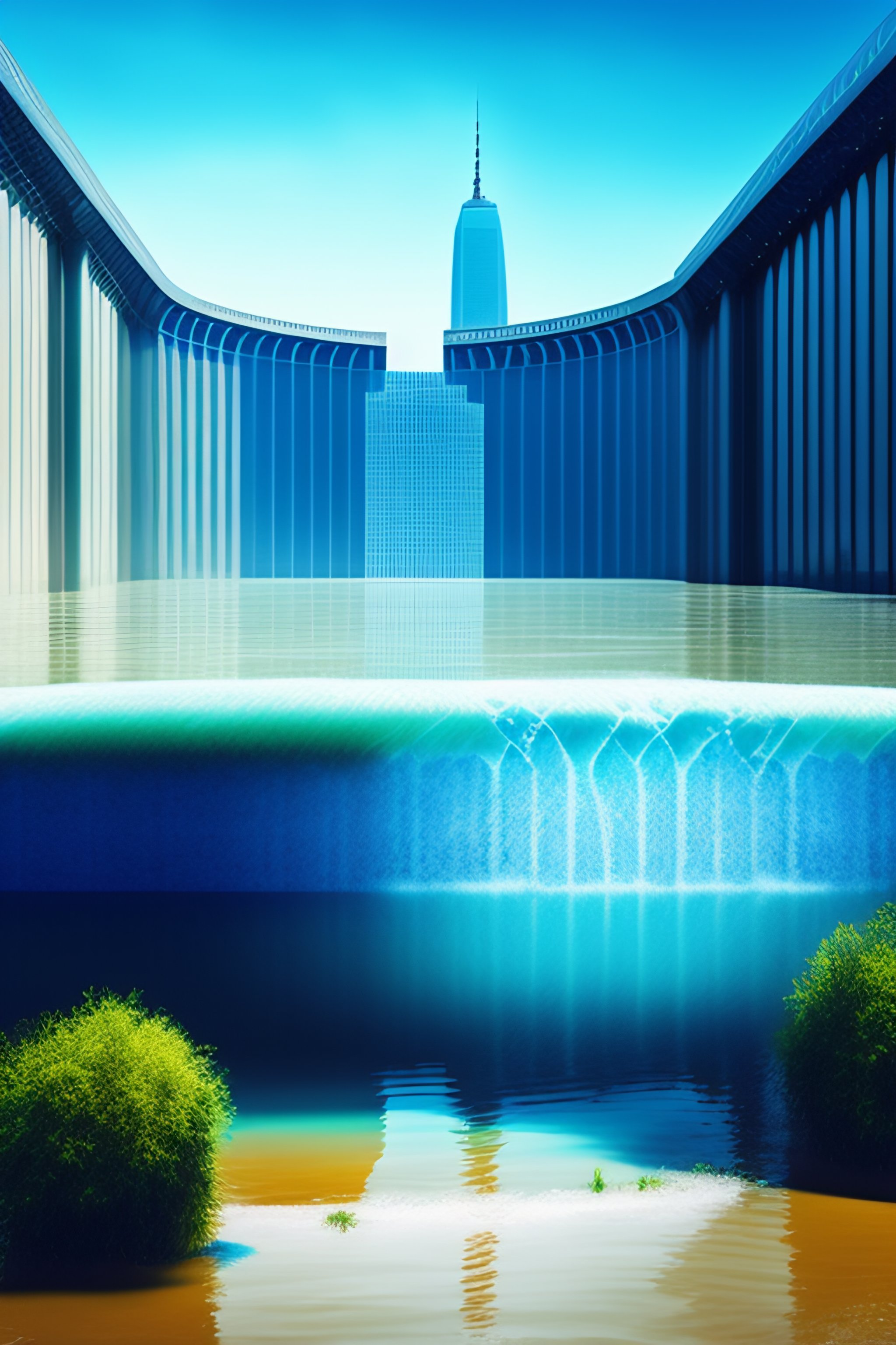 Lexica - Dam cracked, clear blue water flooding, flooded office ...