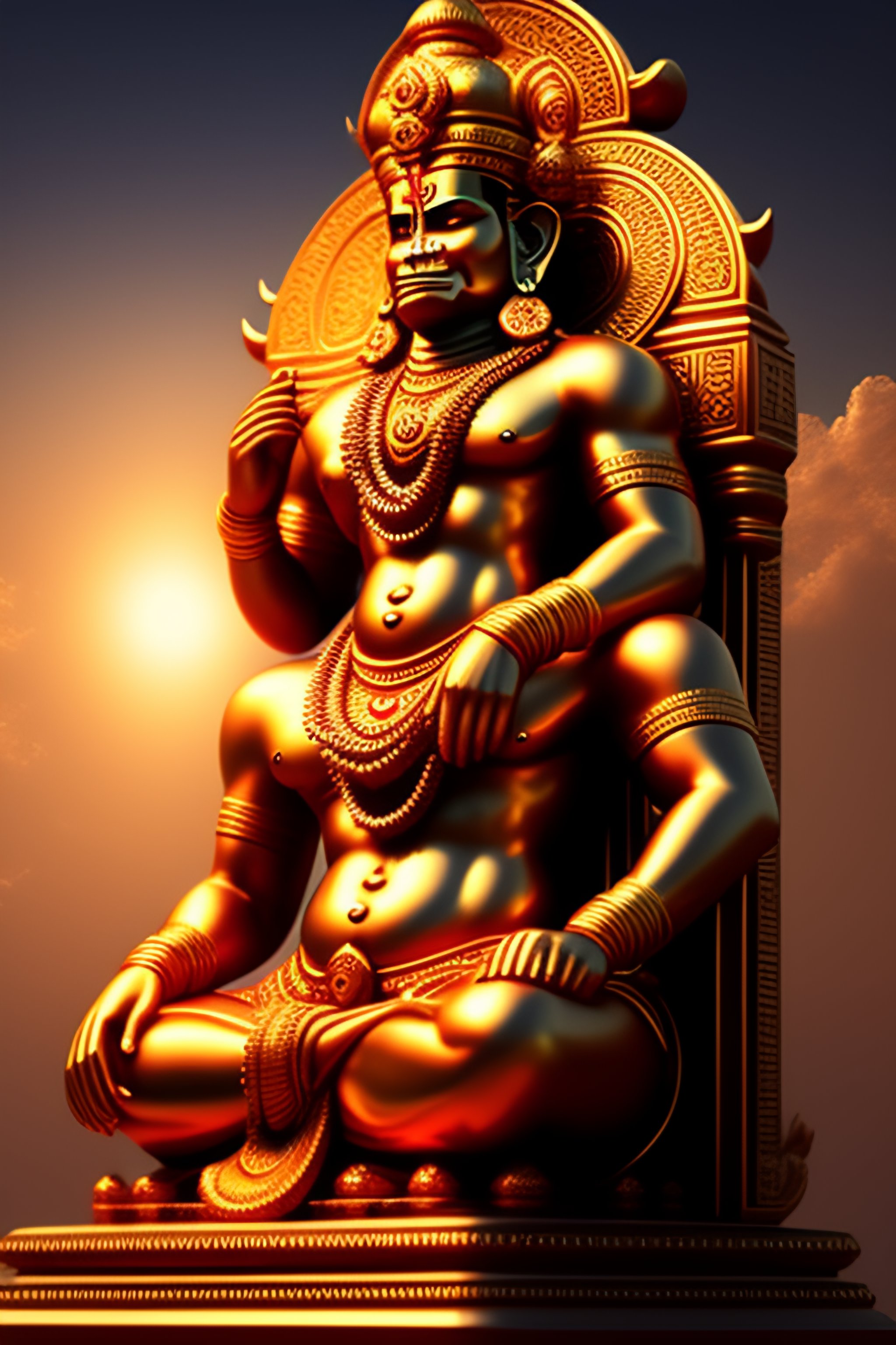 Lexica - Lord Hanuman sitting in sun light with temple