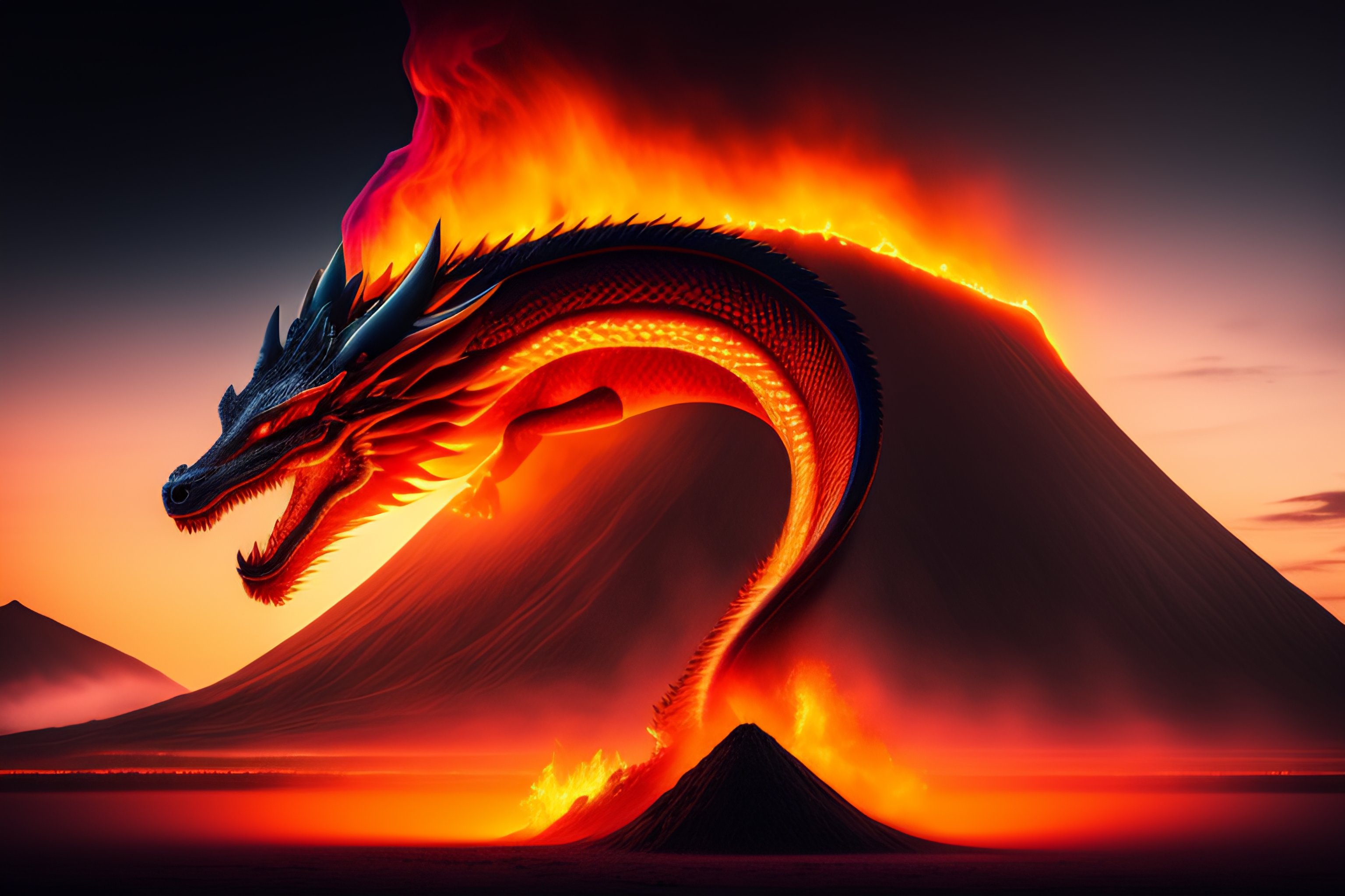 Lexica - Dragon emerging from a volcano with lava and fire around it