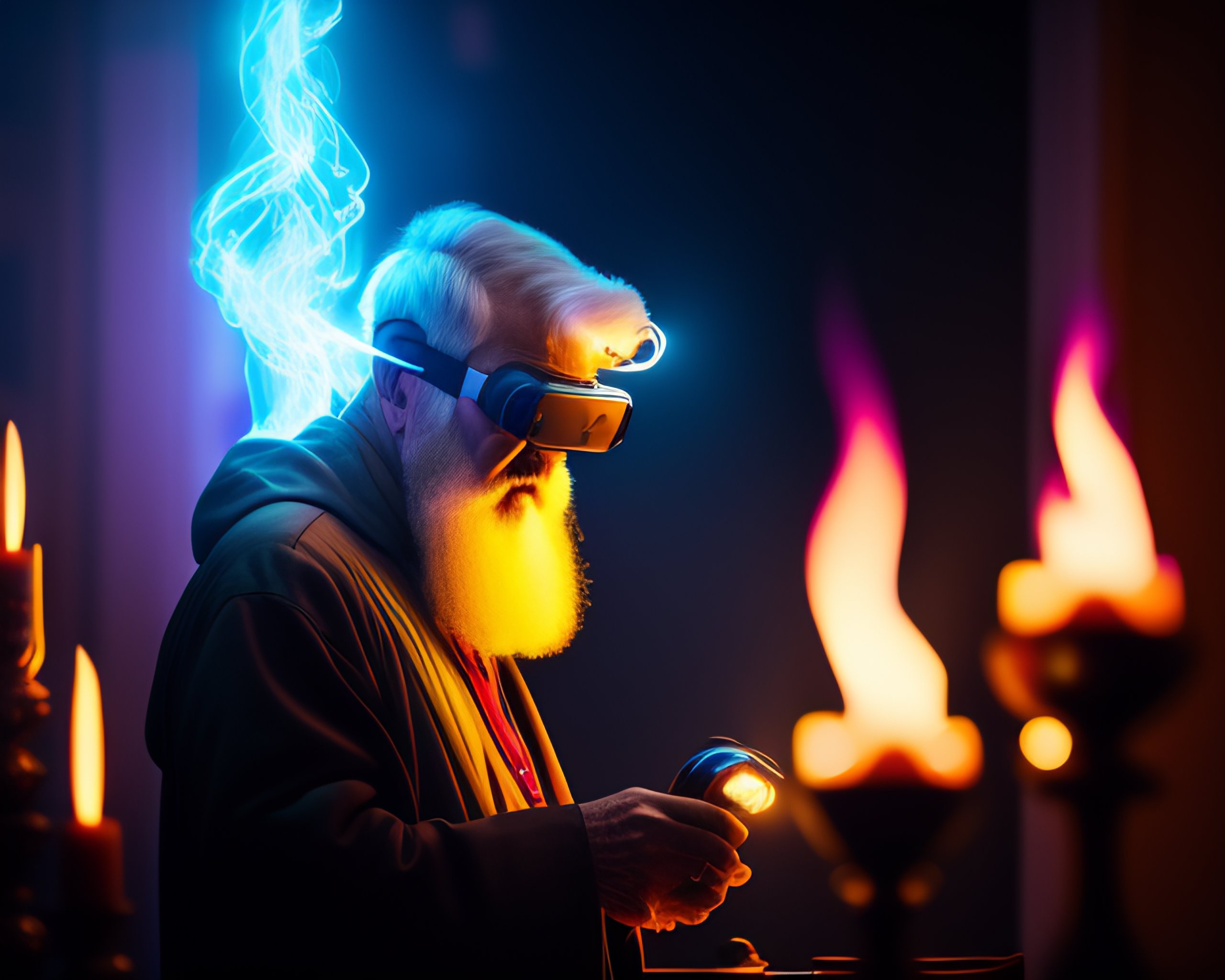 Lexica - Photo of an old wizard cyberpunk with a virtual reality ...