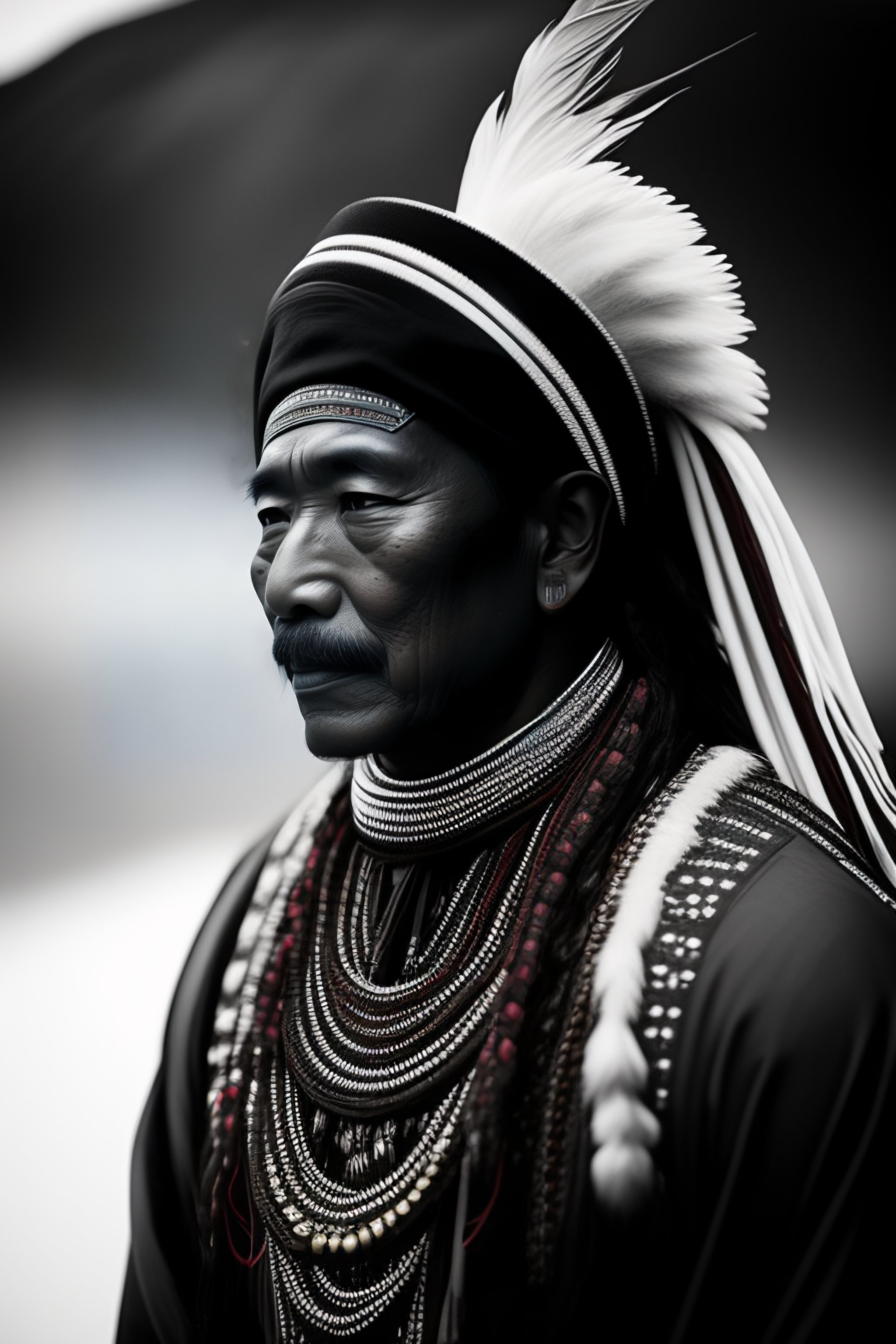 Lexica - Balck and white, a man wearing aa apache traditional outfit ...