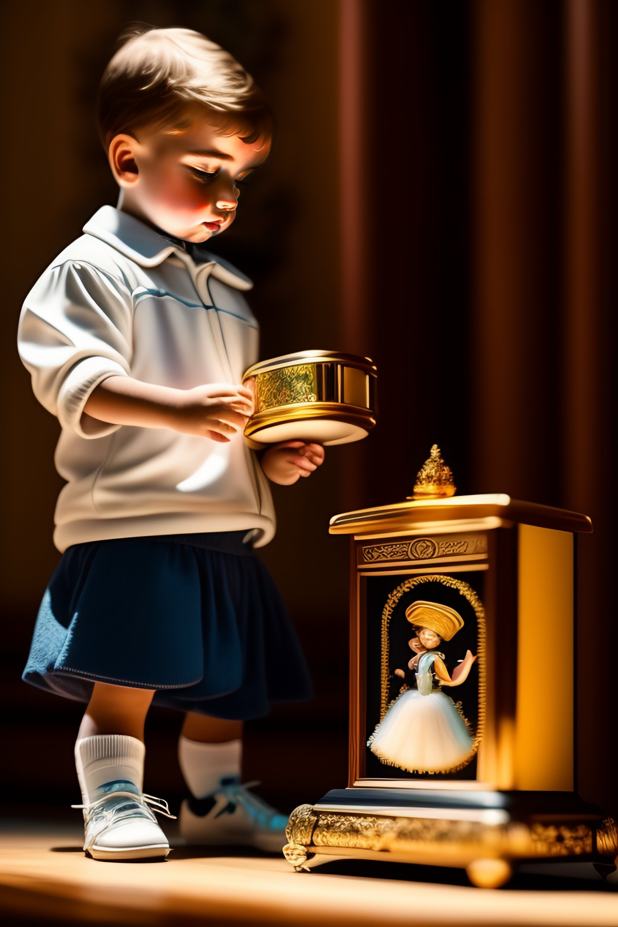 Lexica - A boy carrying a music box with ballerina and examining it